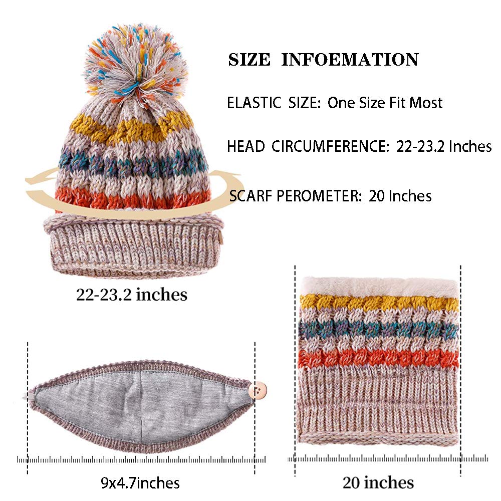Fleece Lined Winter Hats for Women Knit Beanie Hat Scarf Mask Set Warm Soft Slouchy Skull Cap with Pom Pom… Beige