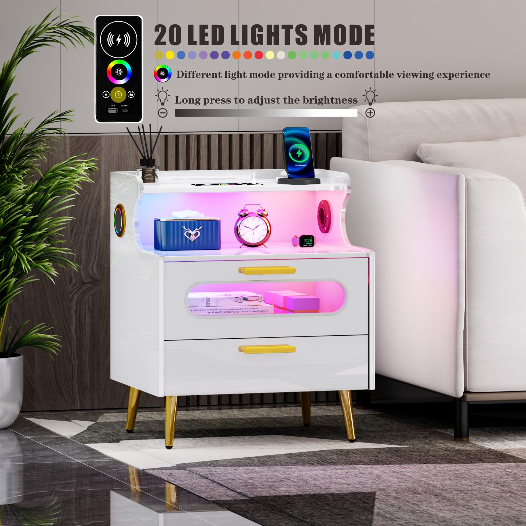 Smart Nightstand with Bluetooth Speaker - Bedside Table with LED Lights & Human Sensor, Modern End Table with Wireless Charging Station, Night Stand with Drawer for Bedroom White