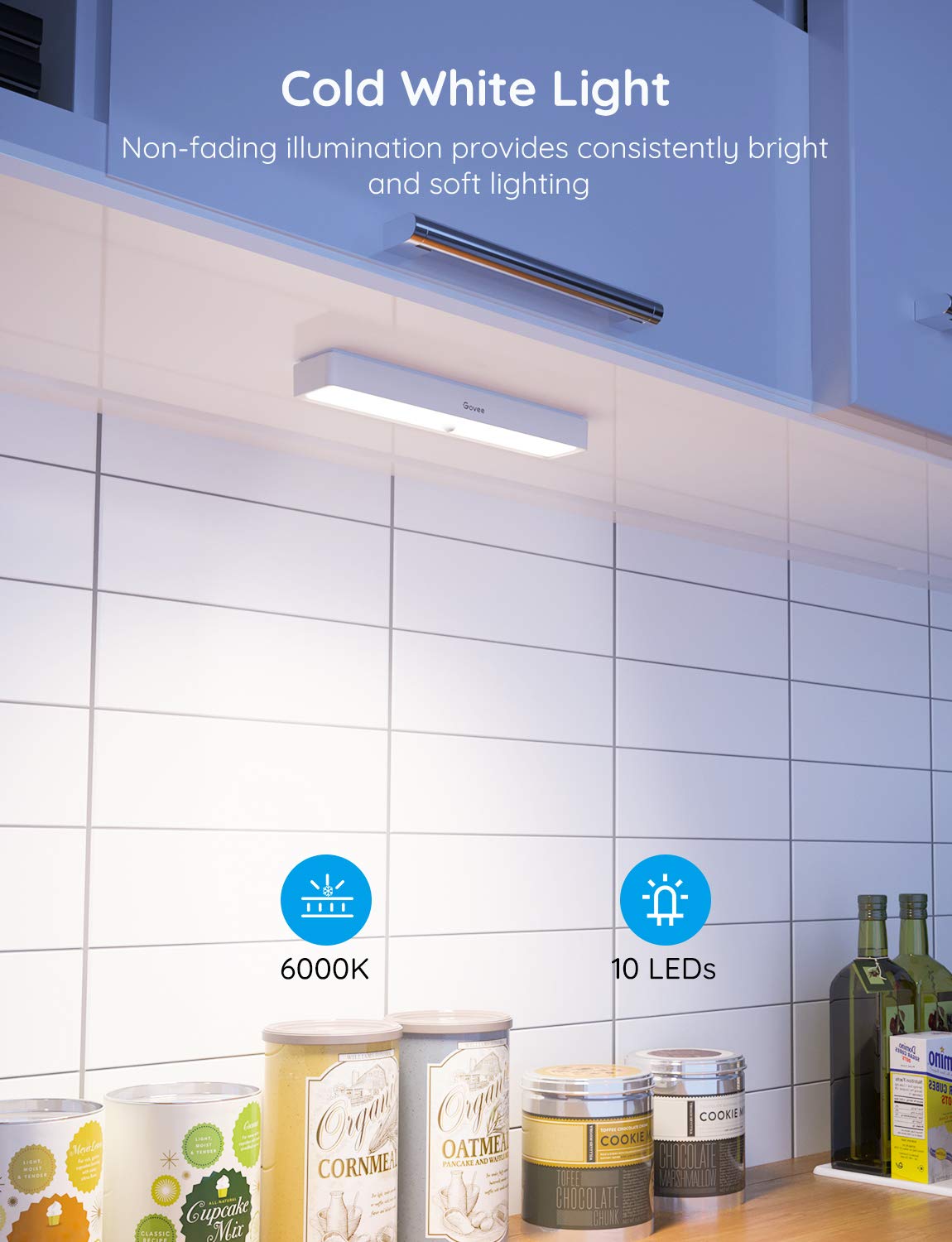 Govee Under Cabinet Lights, Closet Lights Motion Sensored, 10 LEDs 6000K Cool White Under Cabinet Lighting for Wardrobe, Under Counter Lighting, Kitchen, Bookshelf, Stairs, 3 Pack