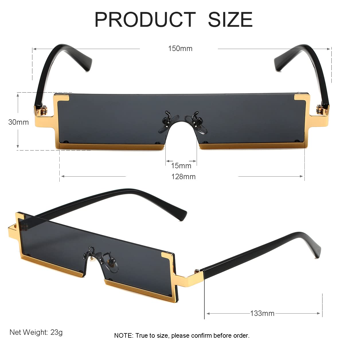 JOVAKIT Monolithic Rimless Rectangle Sunglasses for Women Men Vintage Retro Half Metal Frame Sun Glasses UV400 Protection (Gold/Grey)