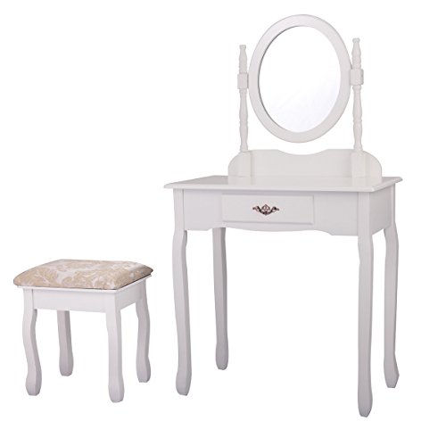Tidyard Vanity Table and Chair Set, Makeup Dressing Table with Mirror and Large Drawer, Thick Padded Stool - White