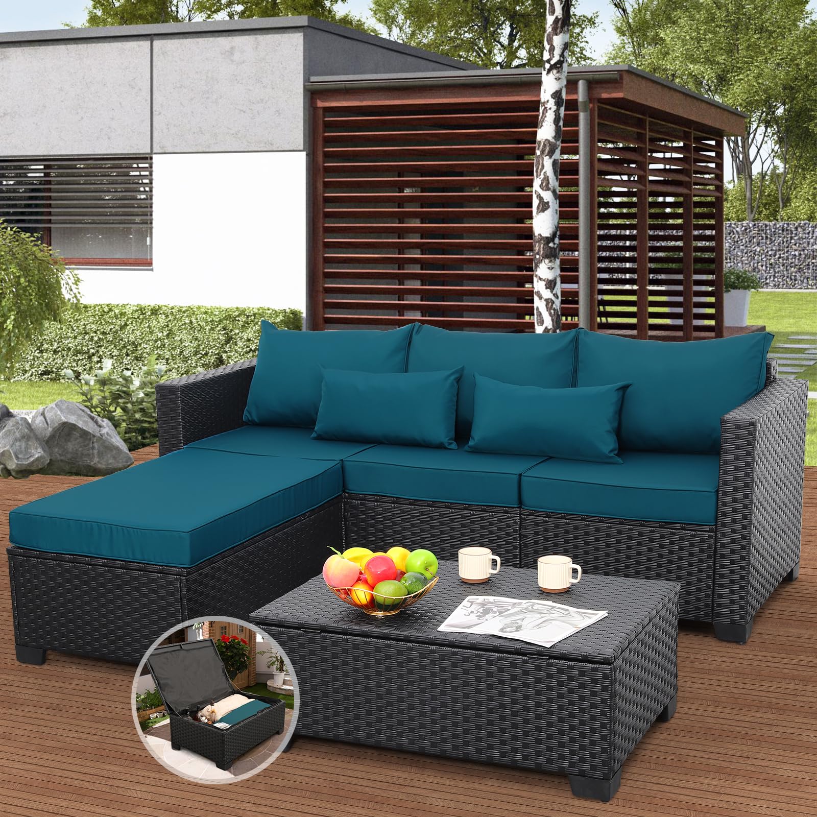Rattaner 3 Pieces Patio Furniture Set Outdoor Sectional Wicker Patio Furniture Patio Couch with Ottoman and Outdoor Storage Table All-Weather Anti-Slip Cushions Waterproof Covers, Peacock Blue
