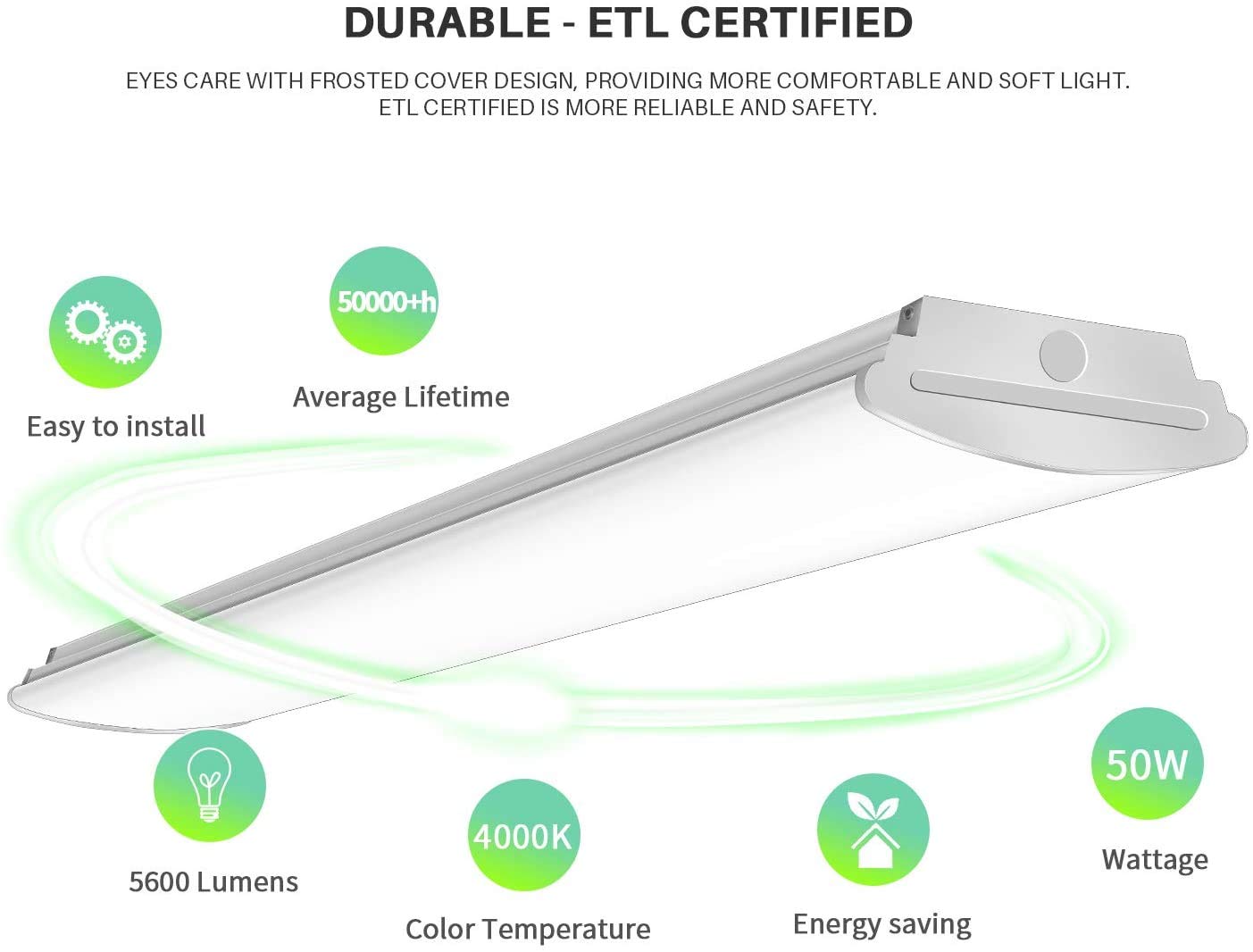 FAITHSAIL 4FT LED Wraparound Light Fixture,50W 5600LM Flush Mount Garage Shop Lights, 4 Foot 4000K LED Ceiling Integrated Linear Lighting for Warehouse, Workshop, Office, Kitchen, Laundry, 6 Pack