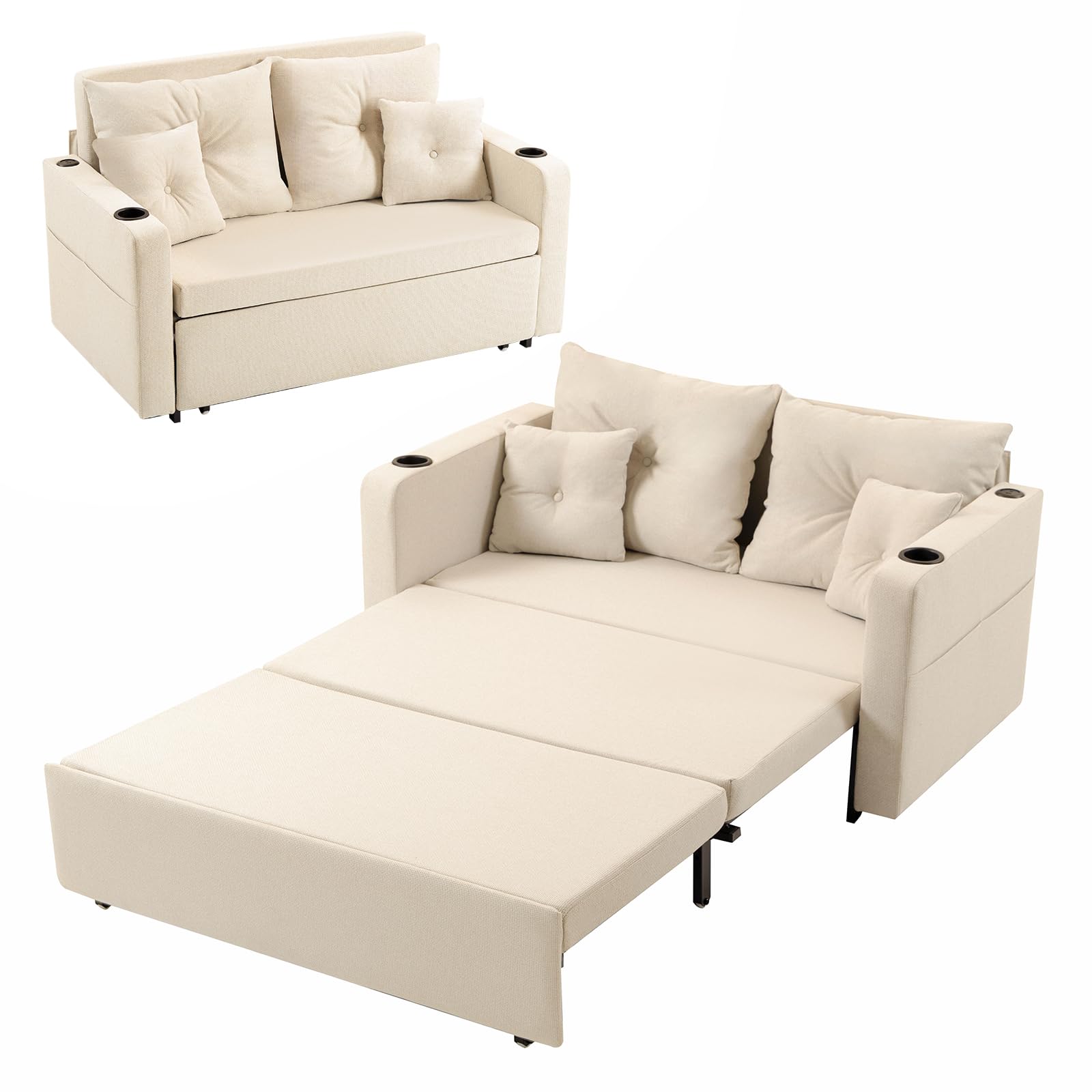 Redlife 55" Love Seat Sleeper Bed, 3 in 1 Convertible Sofa Bed, Linen Fabric, Easy to Pull Out, with Pillows, Cup Holder, Charging Port Pull Out Couch for Small Space (Beige)