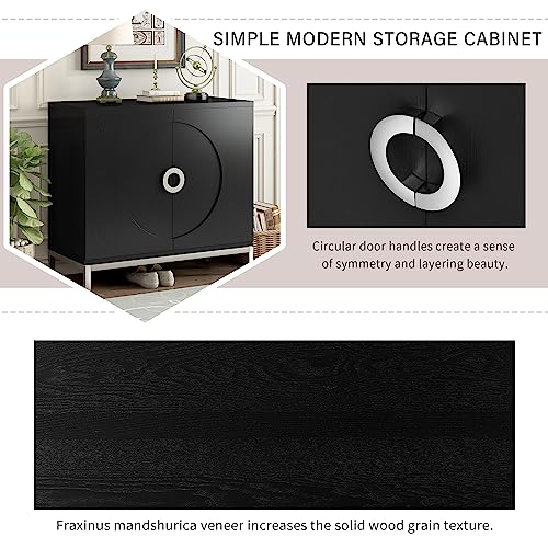 LZ LEISURE ZONE Storage Cabinet, Simple Sideboard Storage Cabinet with Solid Wood Veneer, Accent Cabinet with Metal Leg Frame for Living Room, Entryway, Dining Room, Black