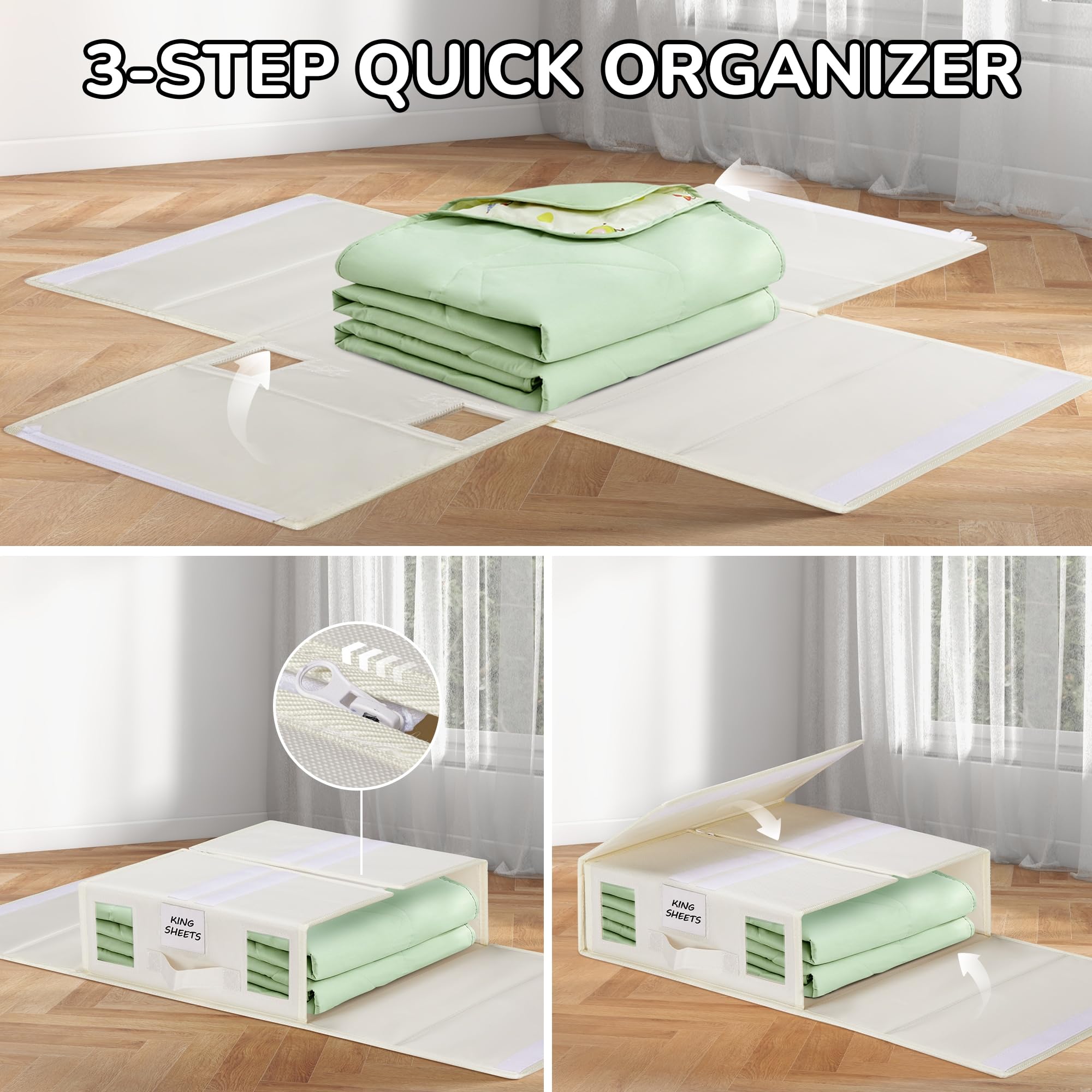 MIYCOO Bed Sheet Organizers and Storage 4 Pack, Bed Sheet Organizer for Linen Closet, Foldable Sheet Organizer (Queen & King Size) with Window and Label for Blanket, Bed Sheet Set, Beige