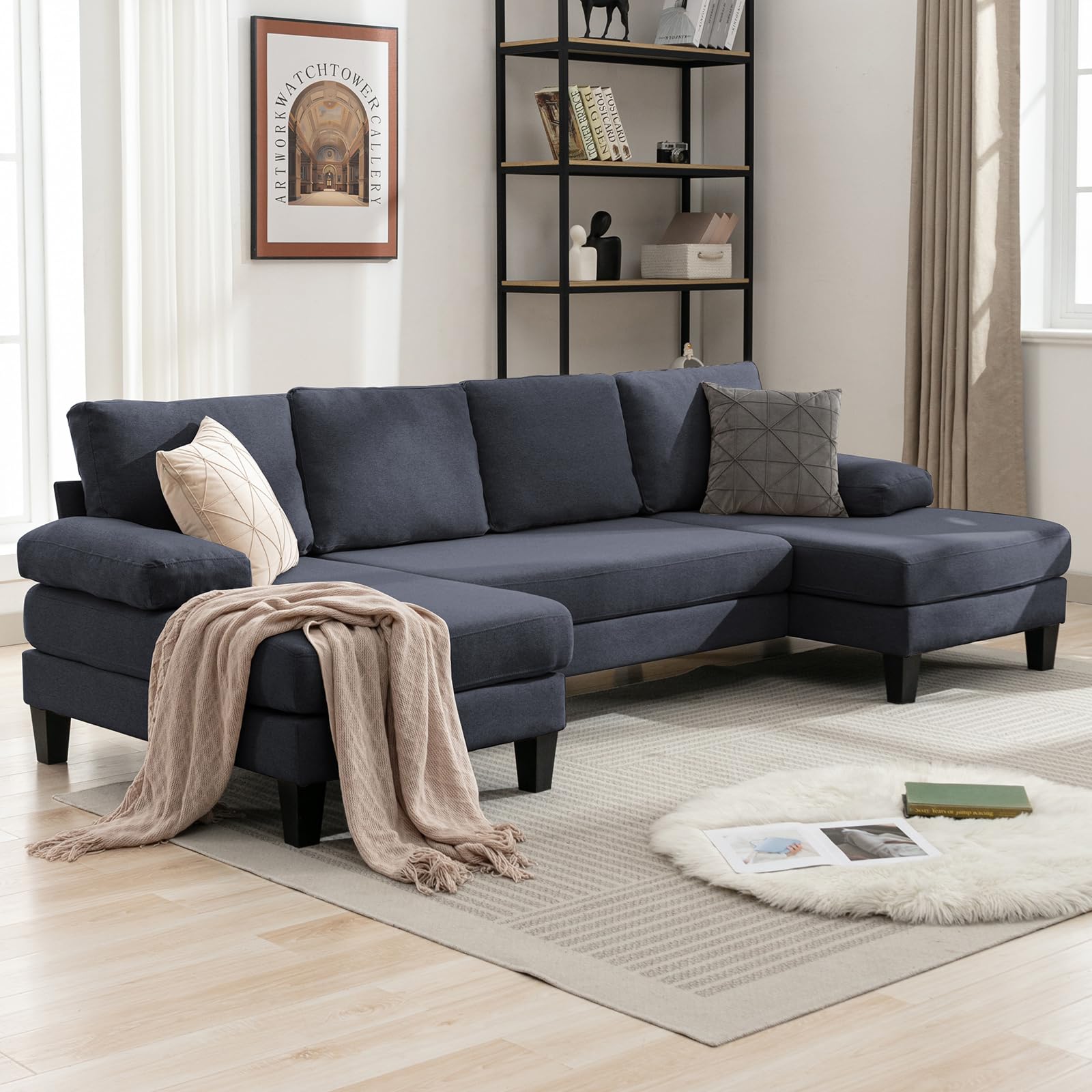 Mjkone Convertible Sectional Sofa U-Shaped Couch with Double Chairs Couch Set Soft Linen Fabric Sofa for Living Room Oversized Seats Comfy Backrest, 112 Inch - Dark Grey