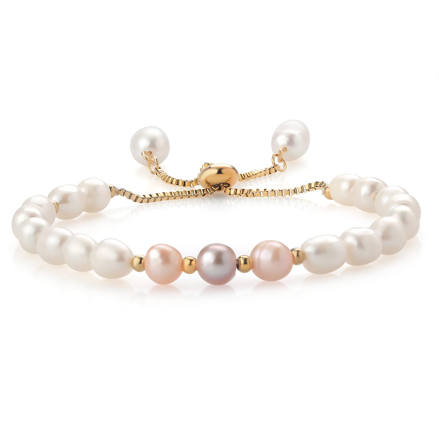 Gem Stone King Multicolor Cultured Freshwater Pearl Box Chain Yellow Gold Plated Bracelet For Women with Slider Clasp Fully Adjustable Up to 9 Inch