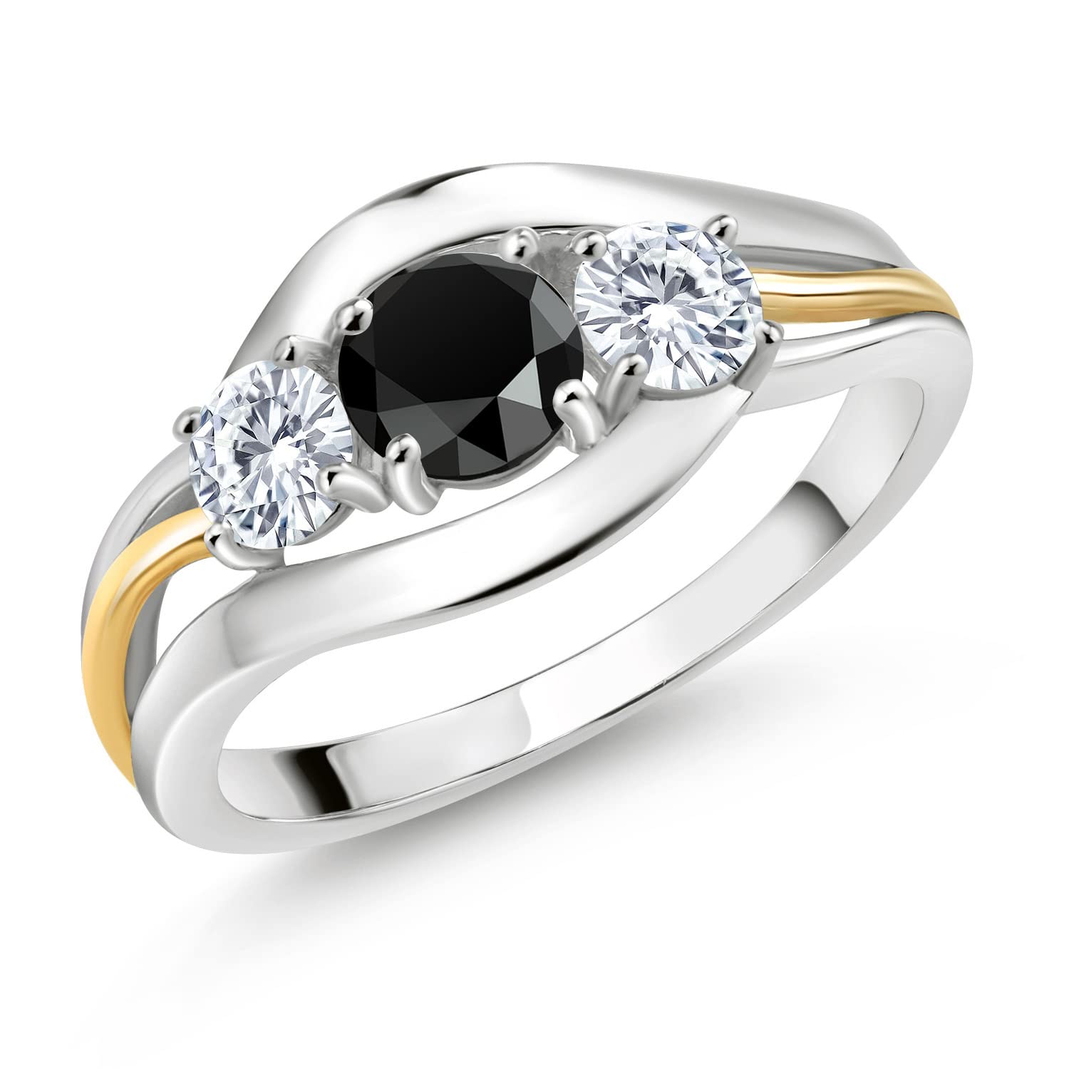 Gem Stone King 925 Sterling Silver and 10K Yellow Gold Round Black Onyx and White Moissanite 3 Stone Ring For Women (0.94 Cttw, Available In Size 5, 6, 7, 8, 9)