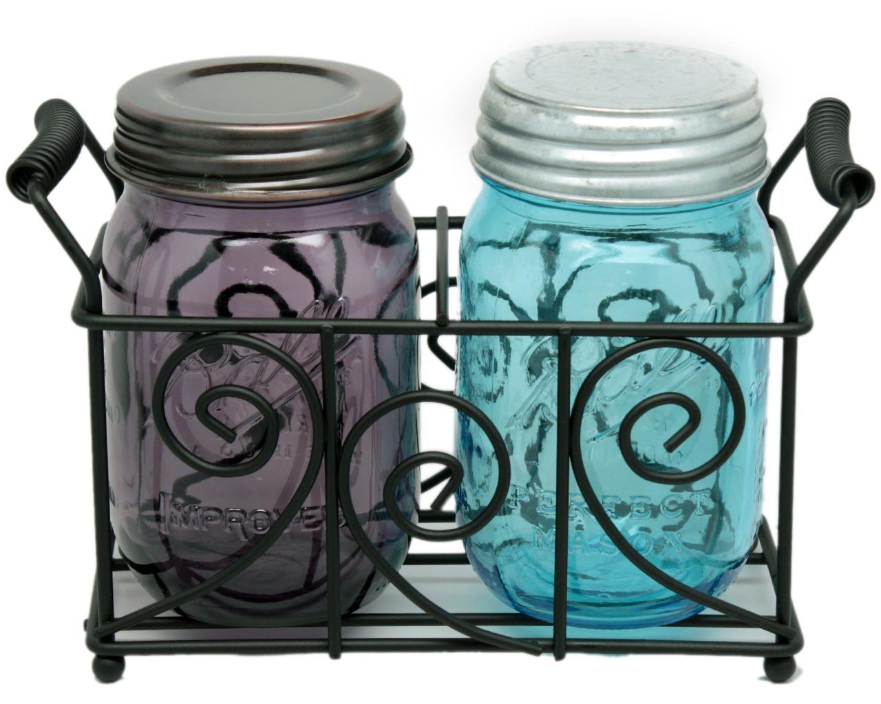 Mason Jar Lifestyle Caddy for 2 Pint Mason Jars with Swirl Design and Black Wire Handles