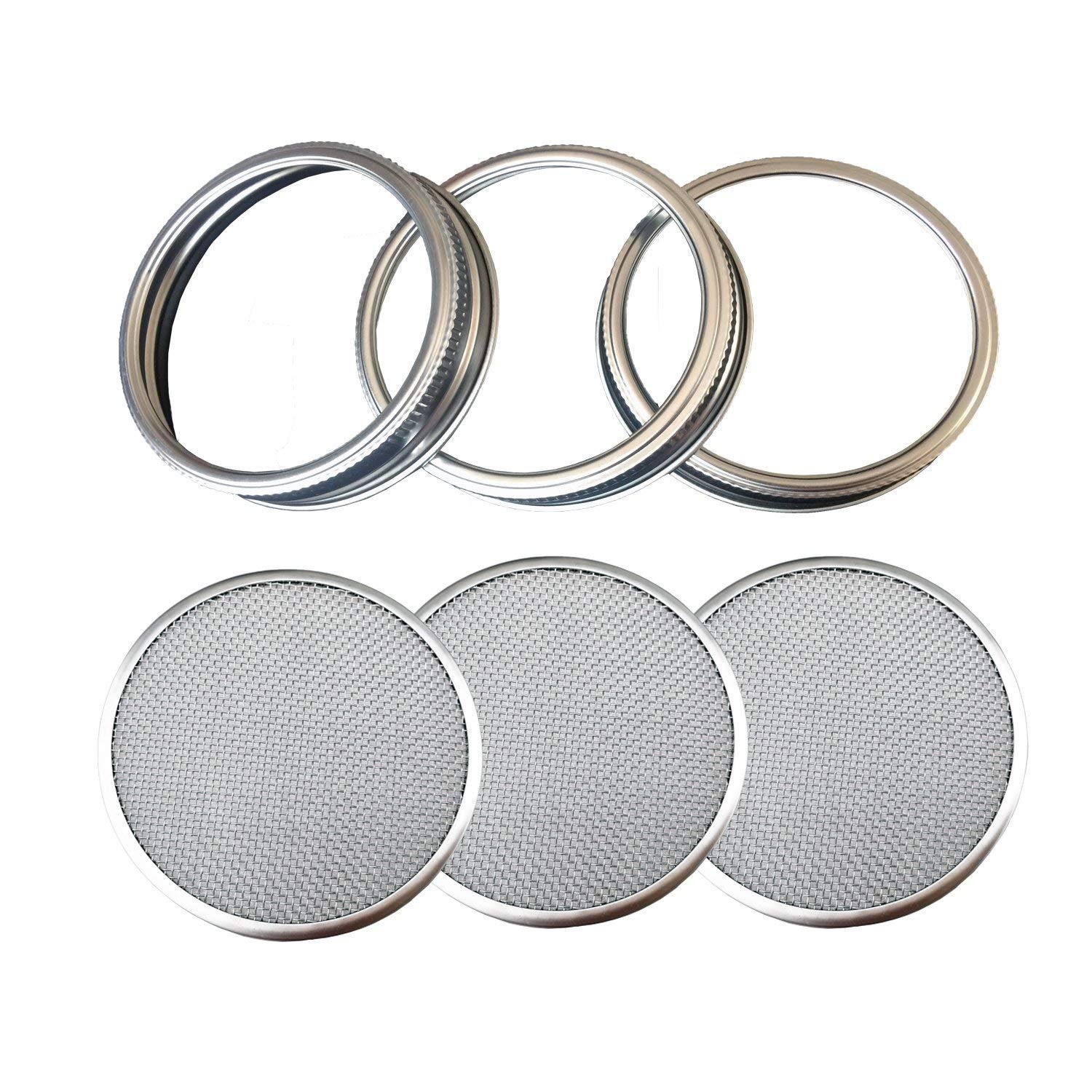 THINKCHANCES Food Safe,BPA Free Rust Resistant Stainless Steel Sprouting Screen Lids and Bands for Wide Mouth Mason Ball Canning Jars for Growing Organic Sprout Seeds at Your Home (Wide Mouth, 3 Pack)