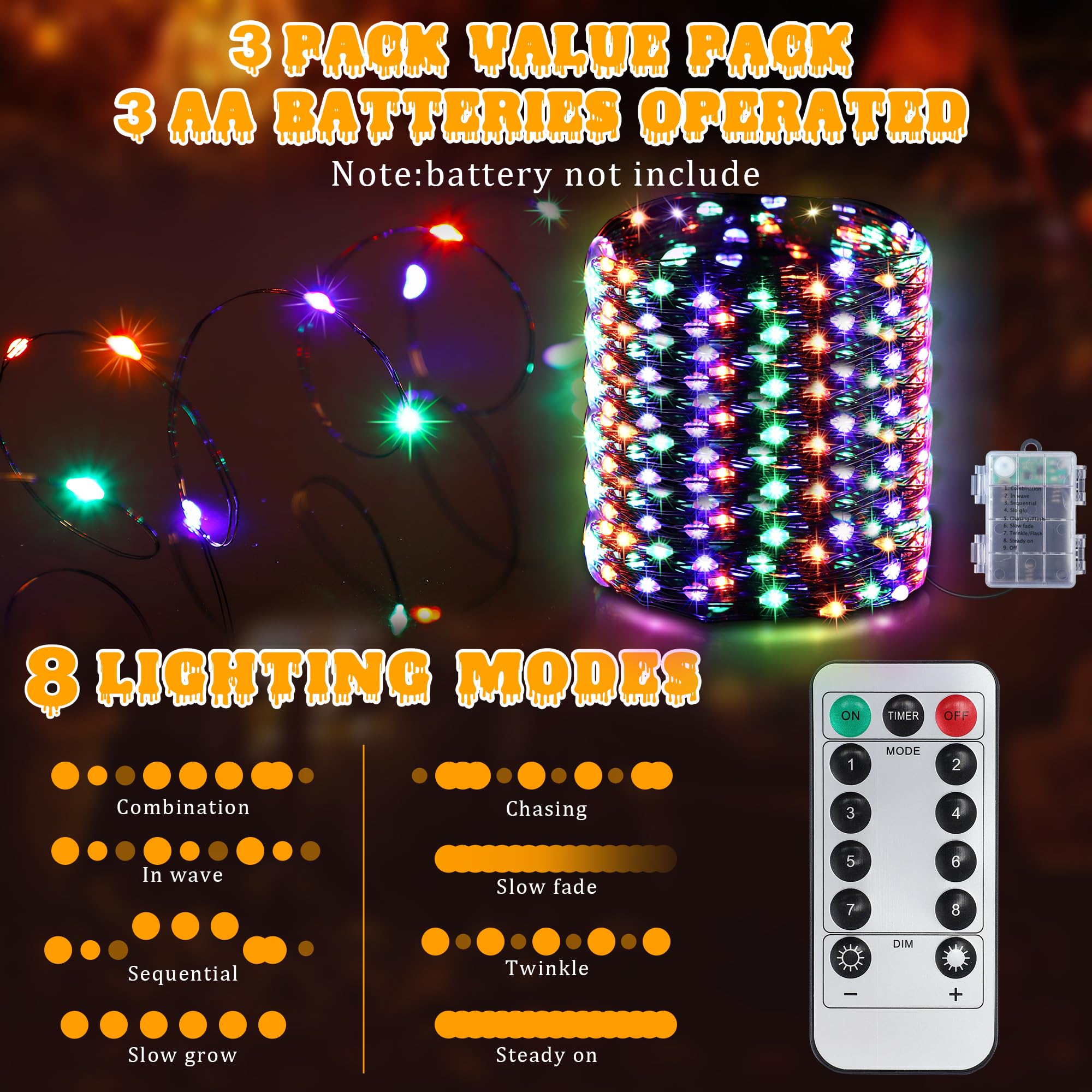 Enhon 3 Pack Halloween Fairy String Lights 300 LED, 33ft 1000 LED/Pack Fairy Lights with Remote, Black Copper Wire Light String Battery Operated, Halloween Fairy Decor for Party, Purple Orange Green