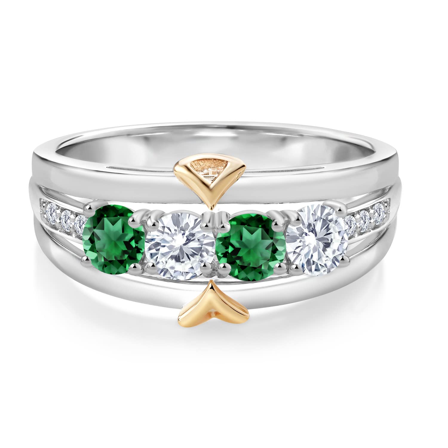 Gem Stone King 1.19 Ct Green Nano Emerald G-H Lab Grown Diamond 925 Silver and 10K Yellow Gold 4-Stone Band Ring (Size 6)