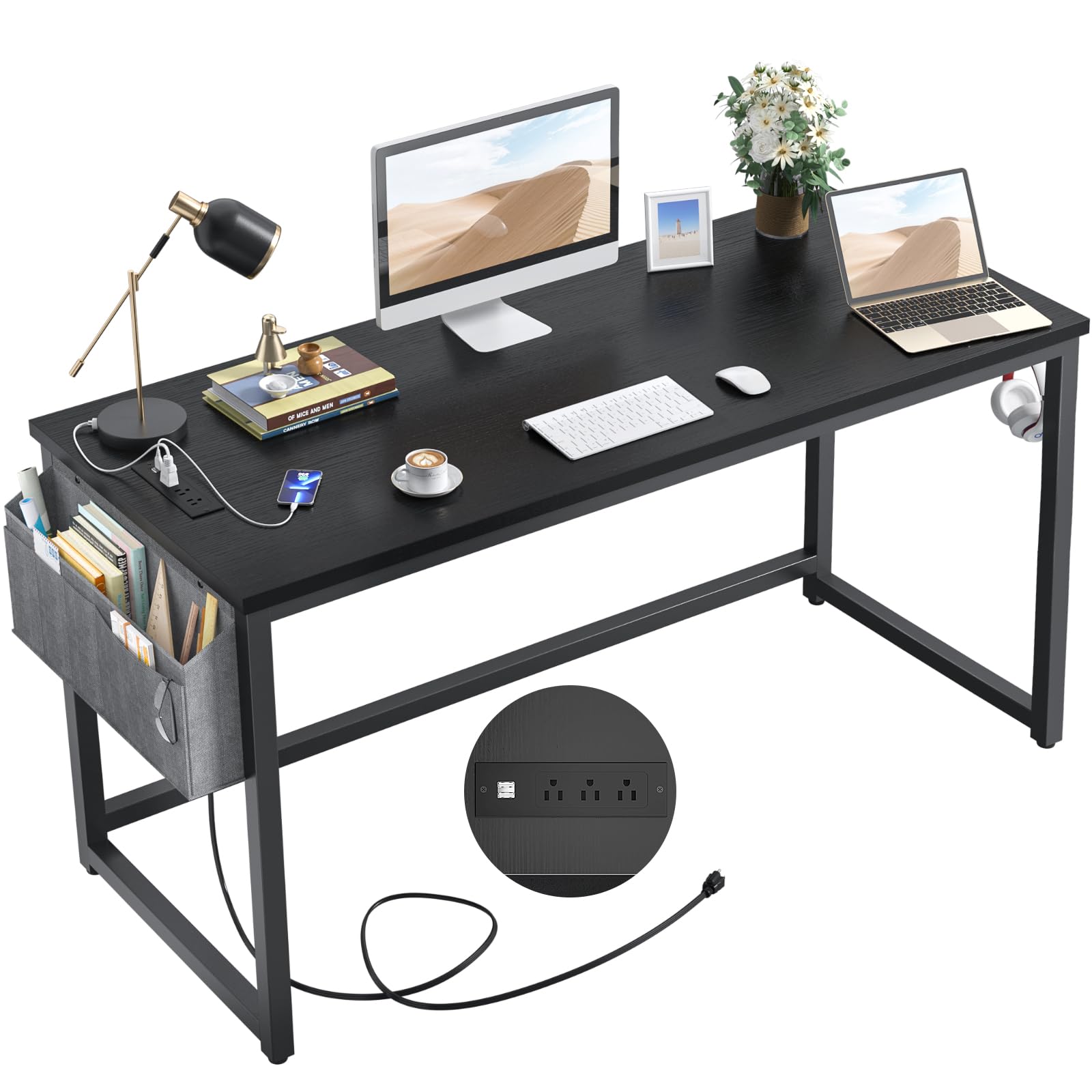 Foxemart 47 Inch Computer Desk with Magic Power Outlets and USB Charging Ports, Sturdy Modern Office Desks with Storage Bag and Hook, PC Laptop Study Writing Table, Simple Gaming Desk, Black