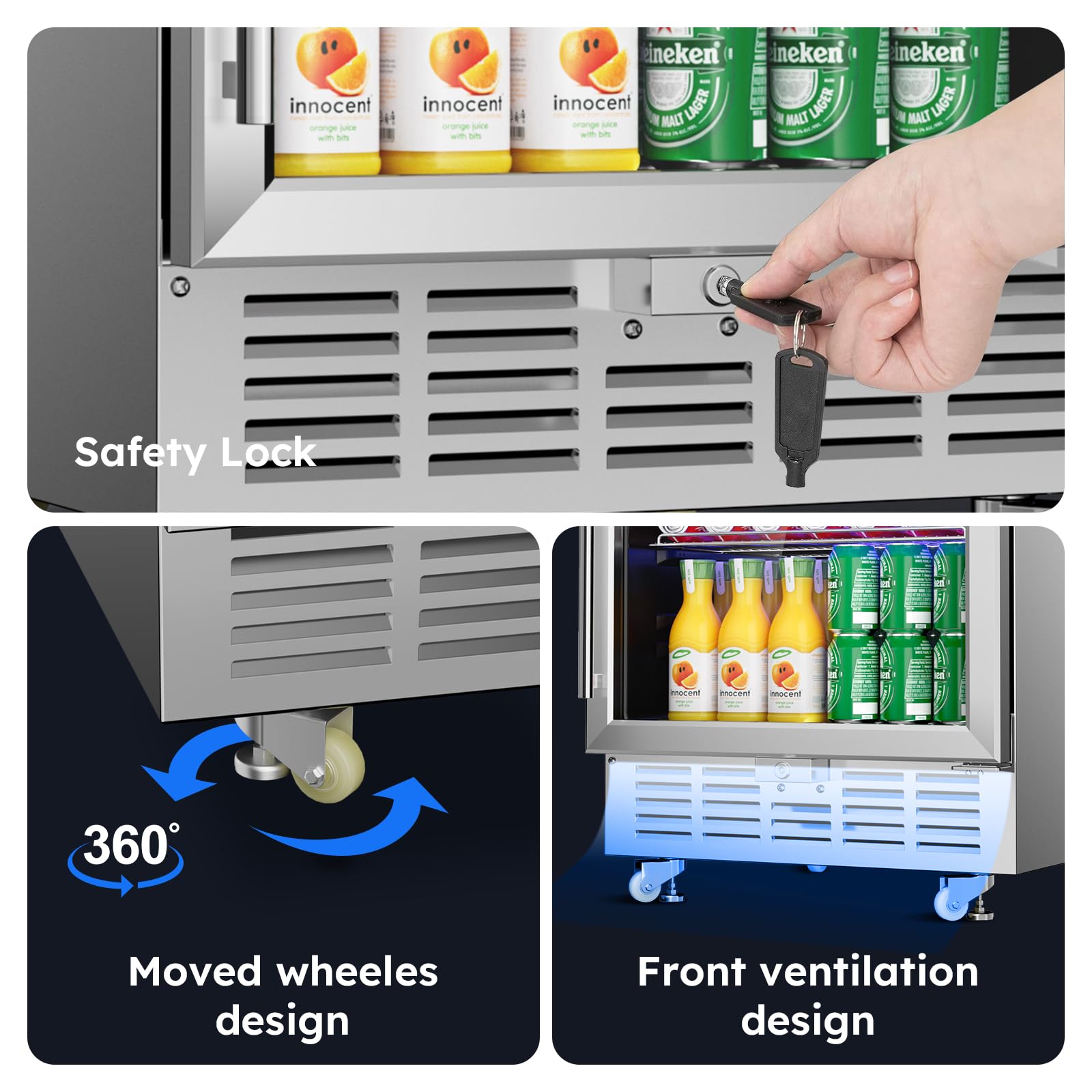 Outdoor Refrigerator, Stainless Outdoor Fridge for Outdoor Kitchen and Patio, Built-in/Freestanding 24 Inch Undercounter Refrigerators with Wheels, 190 Cans Outdoor Beverage Refrigerator Lockable
