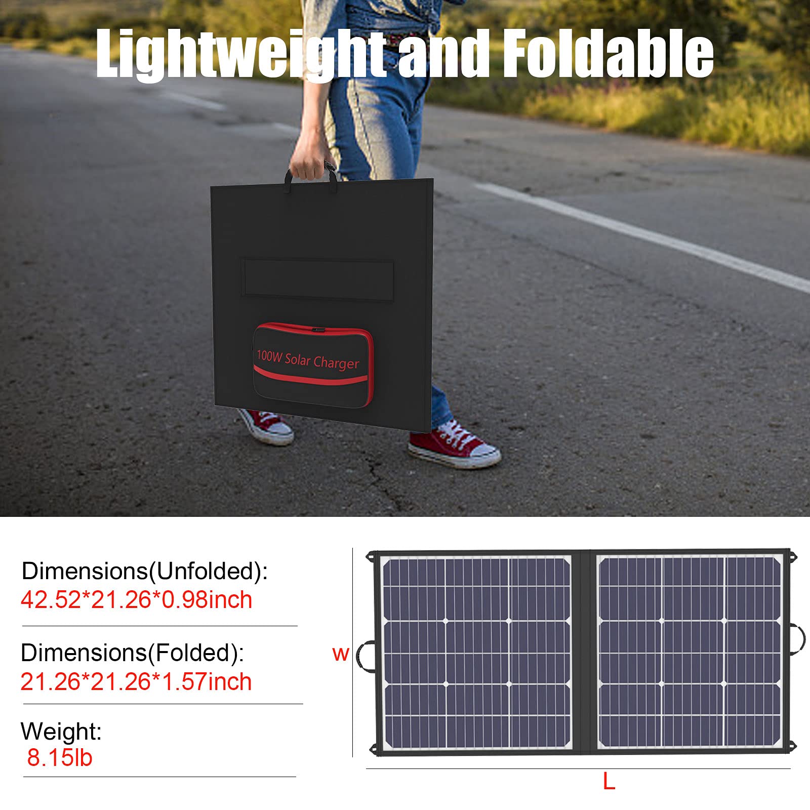 GOOLOO Foldable 100W Solar Panel Charger, Compatible with VTOMAN/Jackery/EF ECOFLOW/Bluetti/Anker Power Station, with Dual USB & 18V DC Output(10 Connectors), for Outdoor Camping Van RV Trip