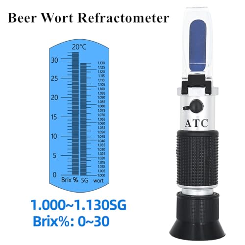 Refractometer, Beer Refractometer Wort Wine Brewing Dual Scale Specific Ratio Hydrometer 1.000-1.130 Brix 0-32% ATC Sugar Homebrew Kit for Fruit, Homebrewing, Juice, Vegetables