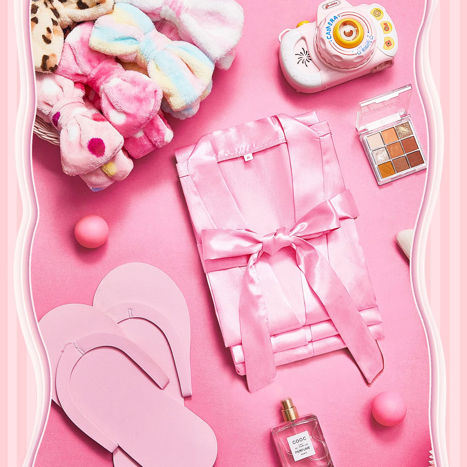 Jecery 18 Pcs Spa Party Supplies for Girls 6 Satin Kimono Robe 6 Spa Headband 6 Disposable Foam Pedicure Slippers (Pink,Size 10)