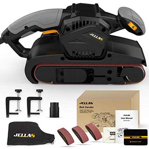 Jellas 7Amp Belt Sander 3 × 21-Inch with Dust Bag, Bench Sander with Variable-speed Control, 2 in 1 Vacuum Adapter, 10 Feet (3 Meters) Length Power Cord - BS750