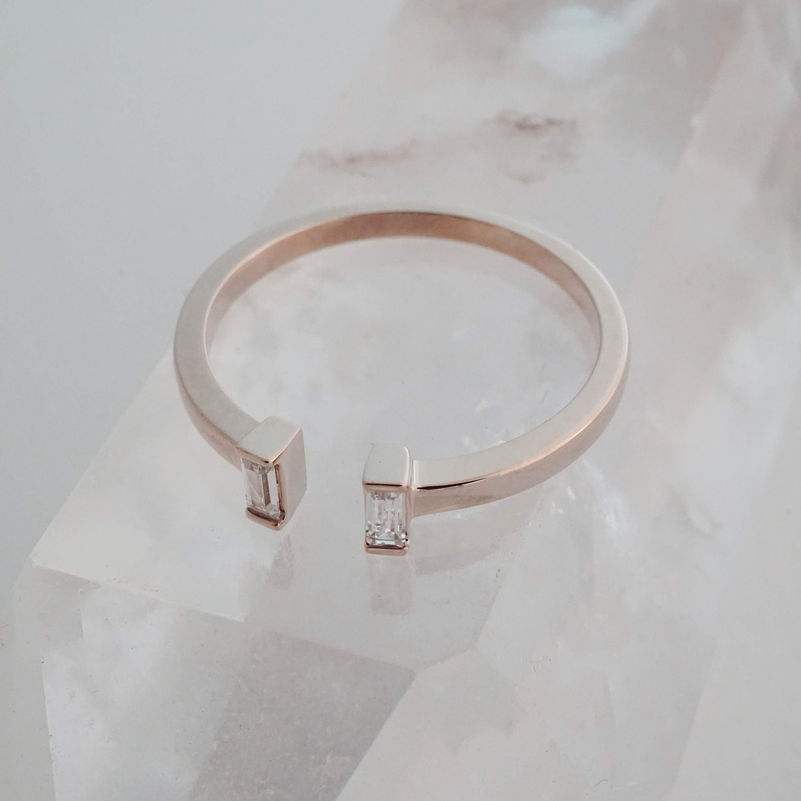Honeycat Dainty Stevie Crystal Baguette Open/Adjustable Ring in Gold, Rose Gold, or Silver | Minimalist, Delicate Jewelry (Silver)