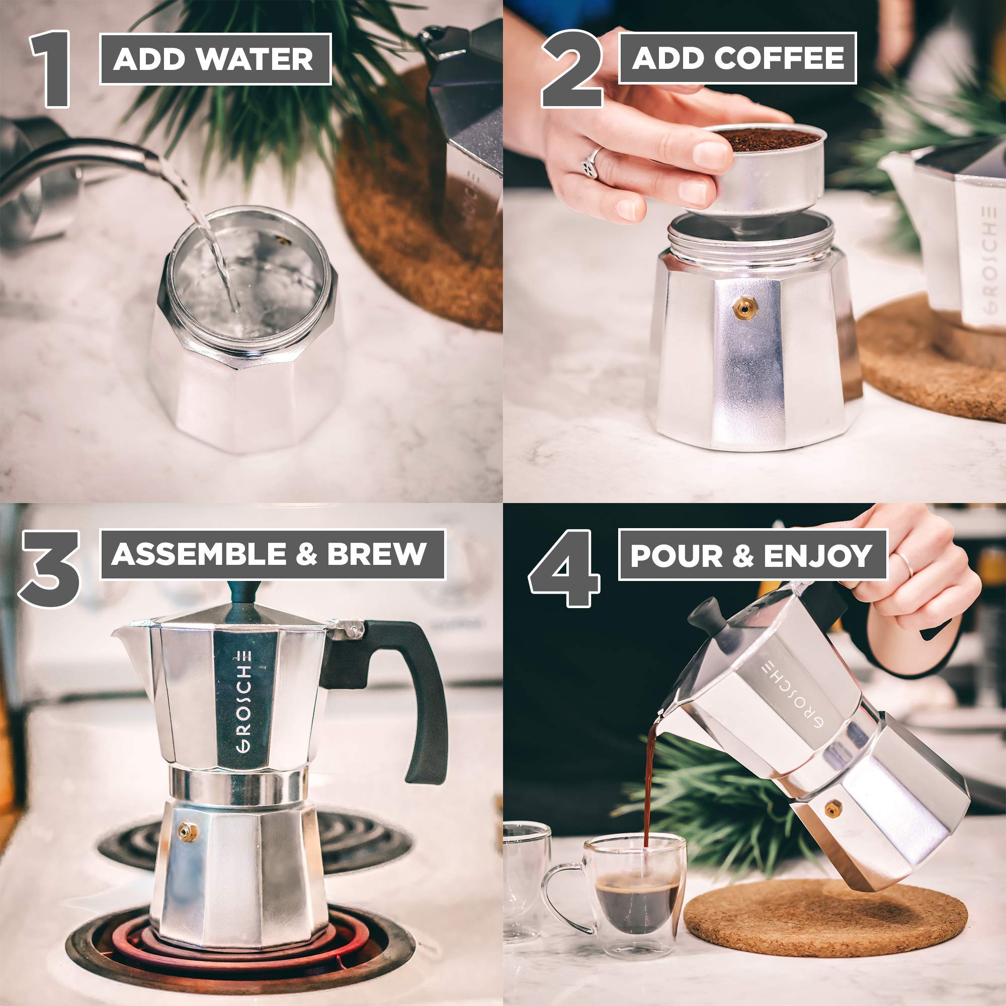 GROSCHE Milano Stovetop Espresso Maker Moka pot 3 espresso Cup - 5 oz, Silver and 3 Replacement Seals Gaskets Bundle Stove top coffee maker Moka Italian espresso coffee maker and replacement gaskets