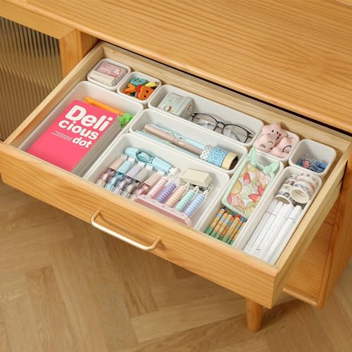 Famhap 16 PCS Desk Drawer Organizers, Versatile Bathroom and Vanity Drawer Organizer Trays, Storage Bins for Makeup, Bedroom, Kitchen Gadgets Utensils and Office(White)