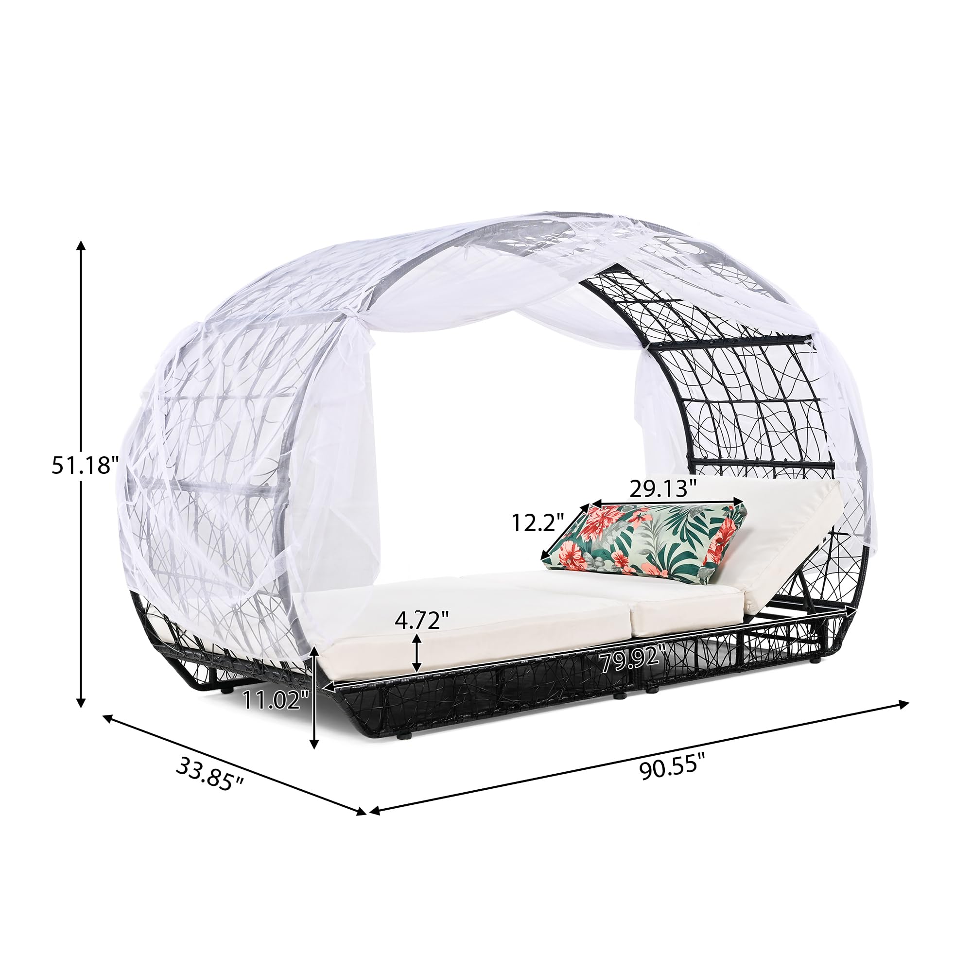 LUMISOL Outdoor Patio Daybed with Curtain, Sunbed with Cushion and Colorful Pillow, 90.55" Wicker Lounge Chairs Backrest Adjustable Recliners for Lawn Garden Poolside, Beige Cushion and Black Wicker