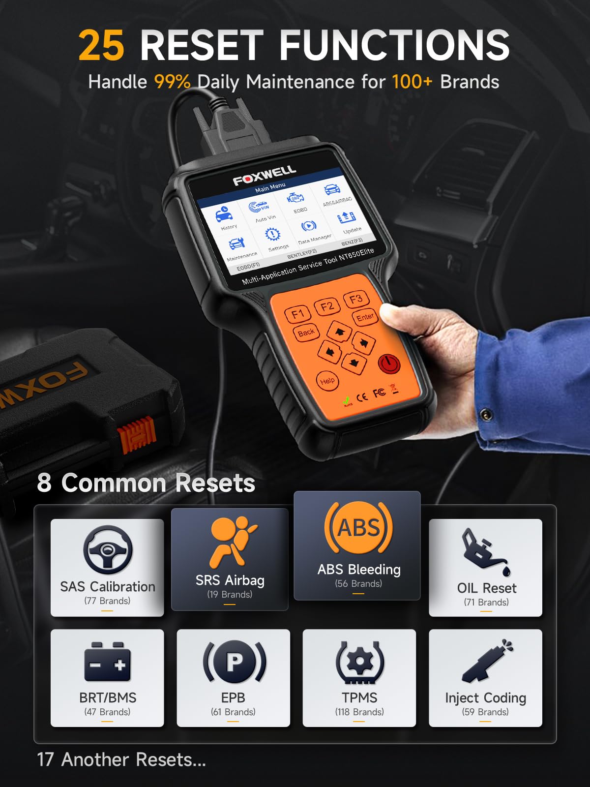 FOXWELL NT650 Elite OBD2 Scanner, 25 Resets, ABS SRS Scan Tool, ABS Bleeding SRS Airbag Bidirectional Code Reader, Oil SAS BRT EPB TPS Injector Car Diagnostic Tool, NT630 Plus Upgrade