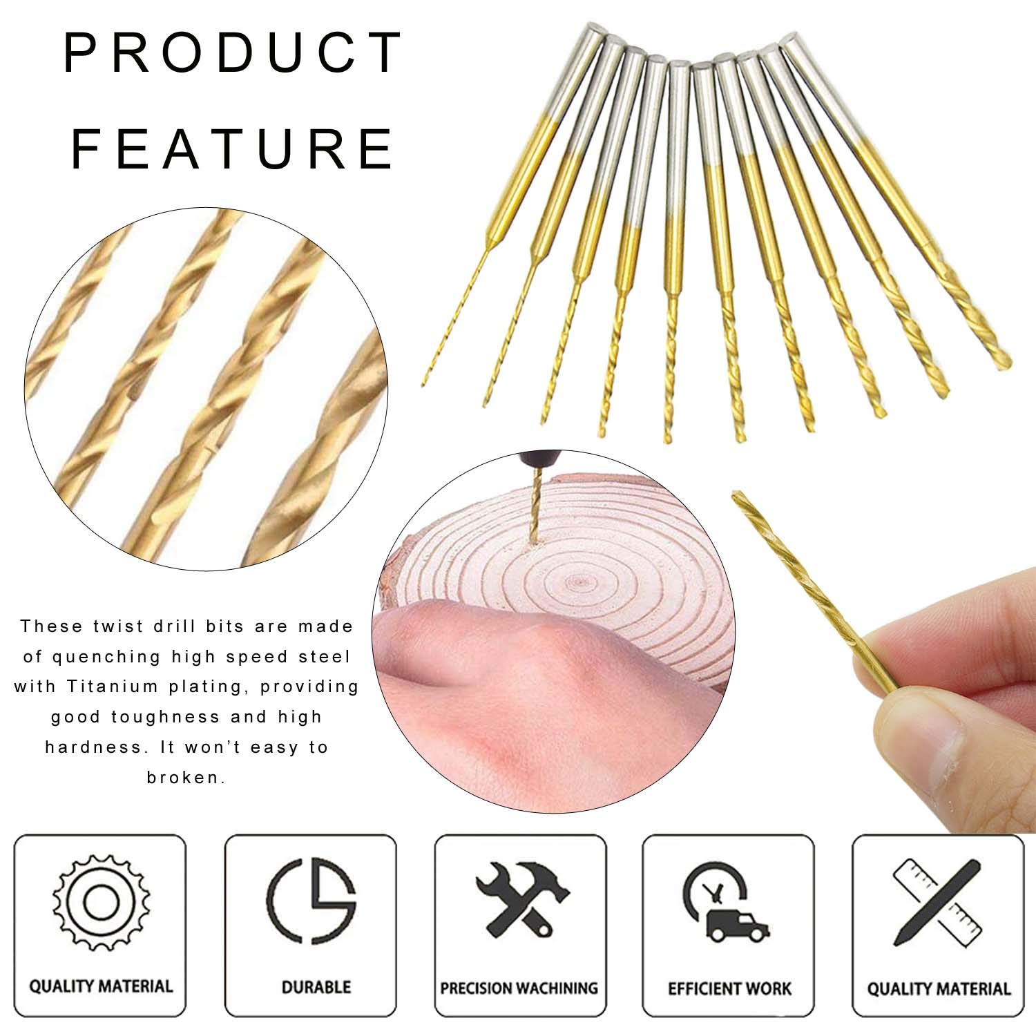 Mini Twist Drill Bits Set - 10Pcs 0.6mm-2.2mm Micro Wood Drill Bit 2.35 Shank Titanium Coated HSS Engraving Drill Bits Hole Drilling Tool for DIY Resin, Beads, Jewelry (10)