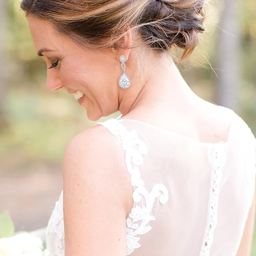 EVER FAITH Crystal Wedding Earrings for Bride Bridesmaids, White Cubic Zirconia Birthstone 8-Shape Infinity Pierced Bridal Dangle Earrings Clear Silver-Tone