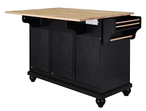 Rolling Kitchen Island Cart with 5 Universal Wheels and 5 Solid Wood Cabinet Feet,Greenguard Gold Certified,Kitchen Island with Rubberwood Drop Leaf-Mobile Kitchen Island with Storage and Drawer,Black