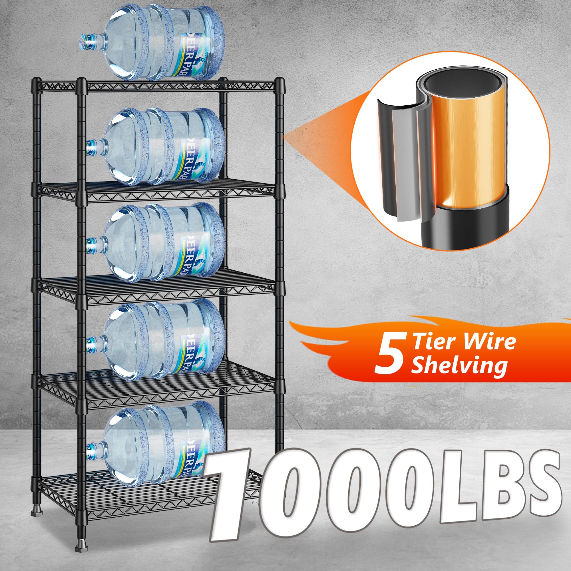 REIBII 1000LBS Wire Shelving Unit, 5 Tier Adjustable Metal Storage Shelves for Kitchen Pantry Office Steel Organizer Wire Rack for Narrow Space College Dorm School, 13.4" D x 23.2" W x 60" H, Black