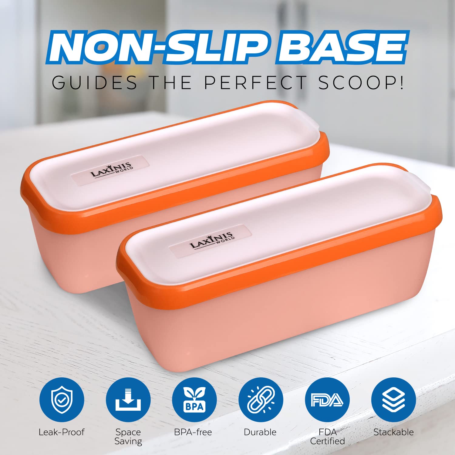 Laxinis World Ice Cream Containers – Pack of 2 Ice Cream Plastic Containers with lids, 1.5 Quarts, Reusable, with Non-slip Base (Orange)