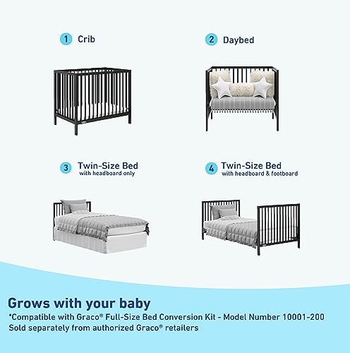 Graco Teddi 4-in-1 Convertible Mini Crib with Bonus Water-Resistant Mattress (Black) β GREENGUARD Gold Certified, 2.75-Inch Mattress Included, Convenient Size, Easy 30-Minute Assembly