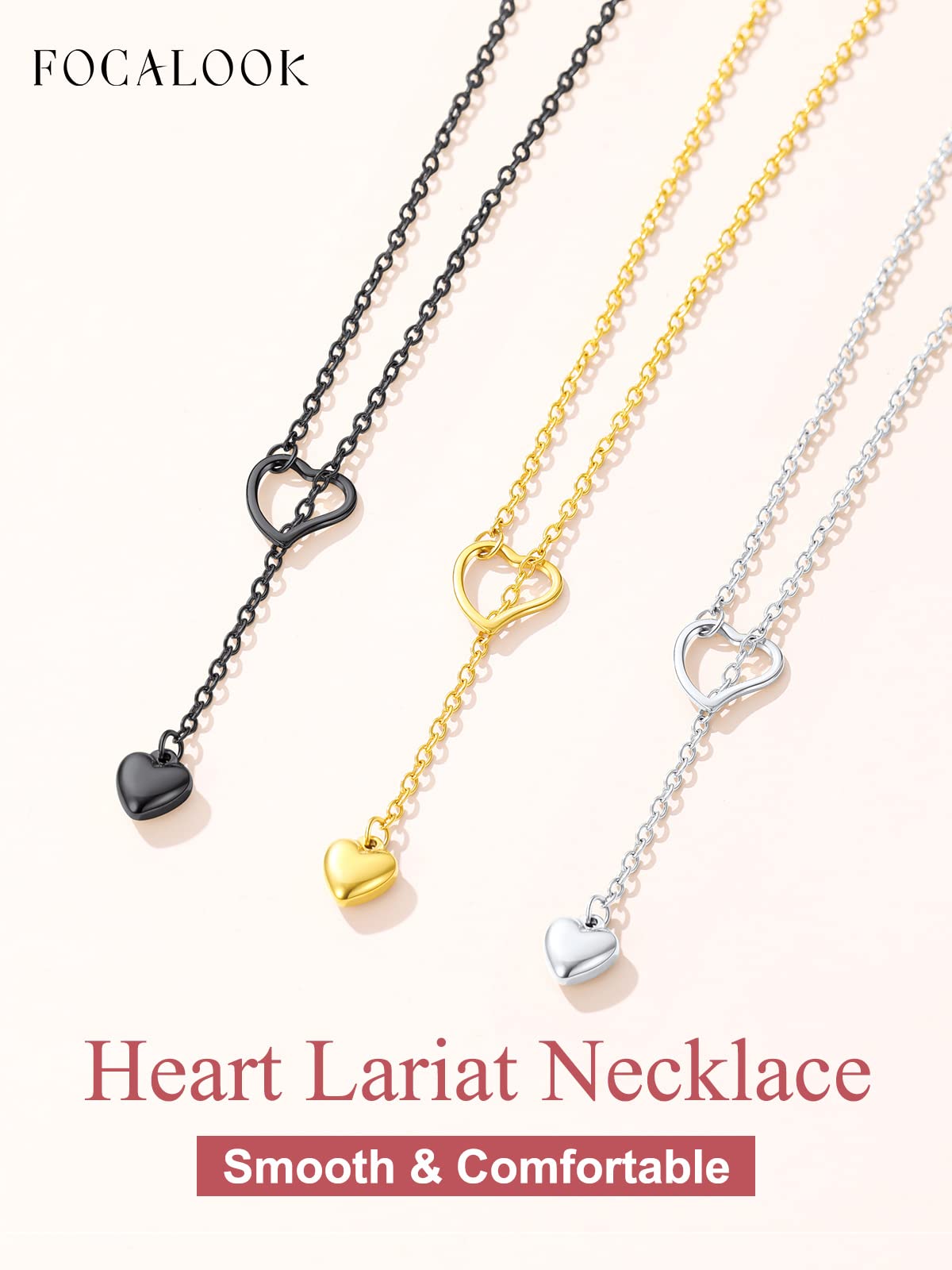 FOCALOOK Black Long Necklaces for Women Trendy Drop Heart Pendant Lariat Long Chain Elegant Y-Necklaces