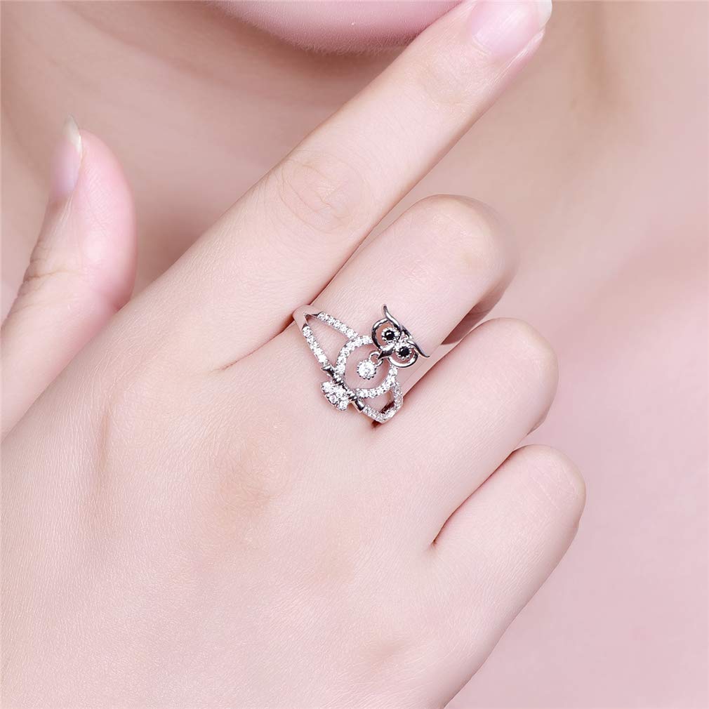 Honghu Owl Shape Black Spinel Women 925 Sterling Silver Ring Round Cut Engagement Statement Black #8