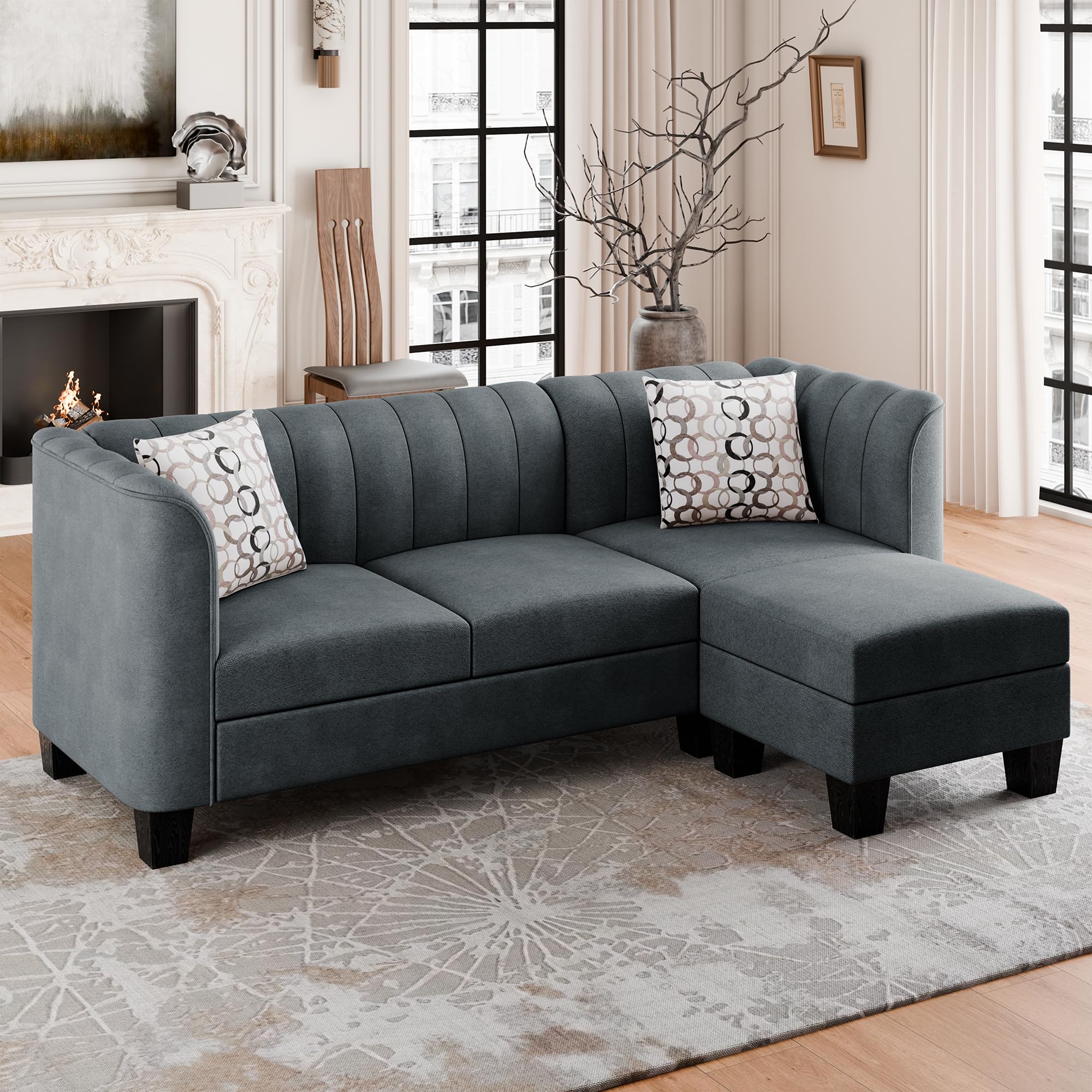 Meilocar 79” Sectional Sofa Couch, Convertible L Shaped Couch with Reversible Ottoman, Modern 3-Seat Sofa Sectional with High Armrest for Living Room, Office, Dark Grey