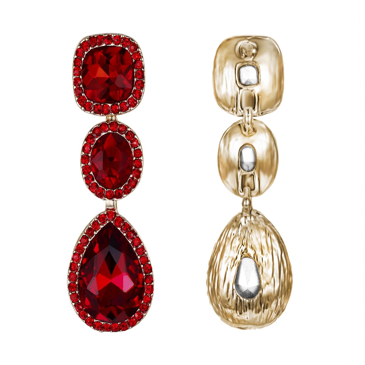 EVER FAITH Women's Crystal Gorgeous Party Square Oval Teardrop Dangle Earrings Red Gold-Tone