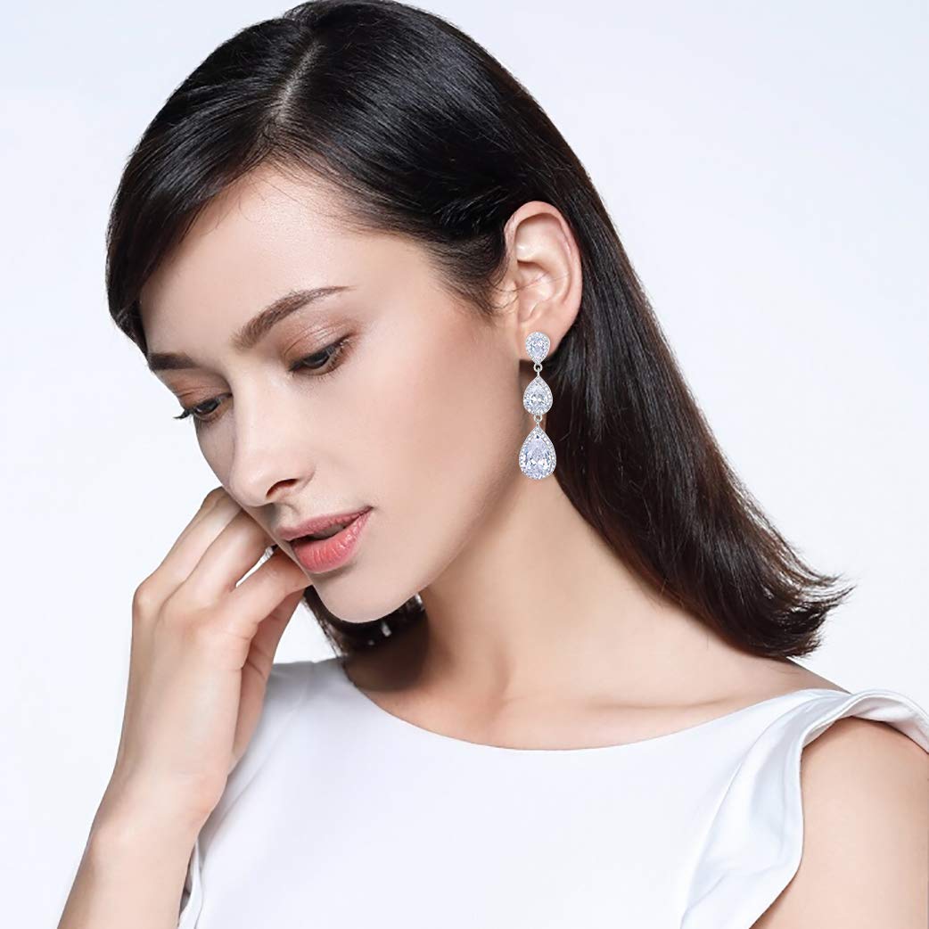 EVER FAITH Women's Cubic Zirconia Elegant Bride Bridesmaids 3 Teardrop Dangle Earrings Clear Silver-Tone