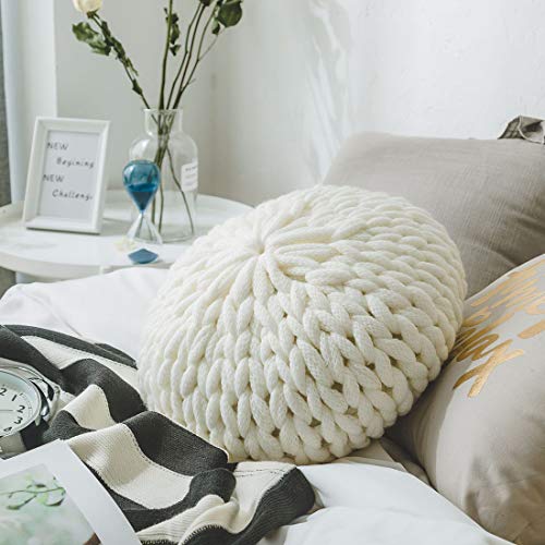 vctops Chunky Knit Round Shaped Throw Pillows with Insert Super Soft Cozy Decorative Handmade Cushions (White, Diameter 16")