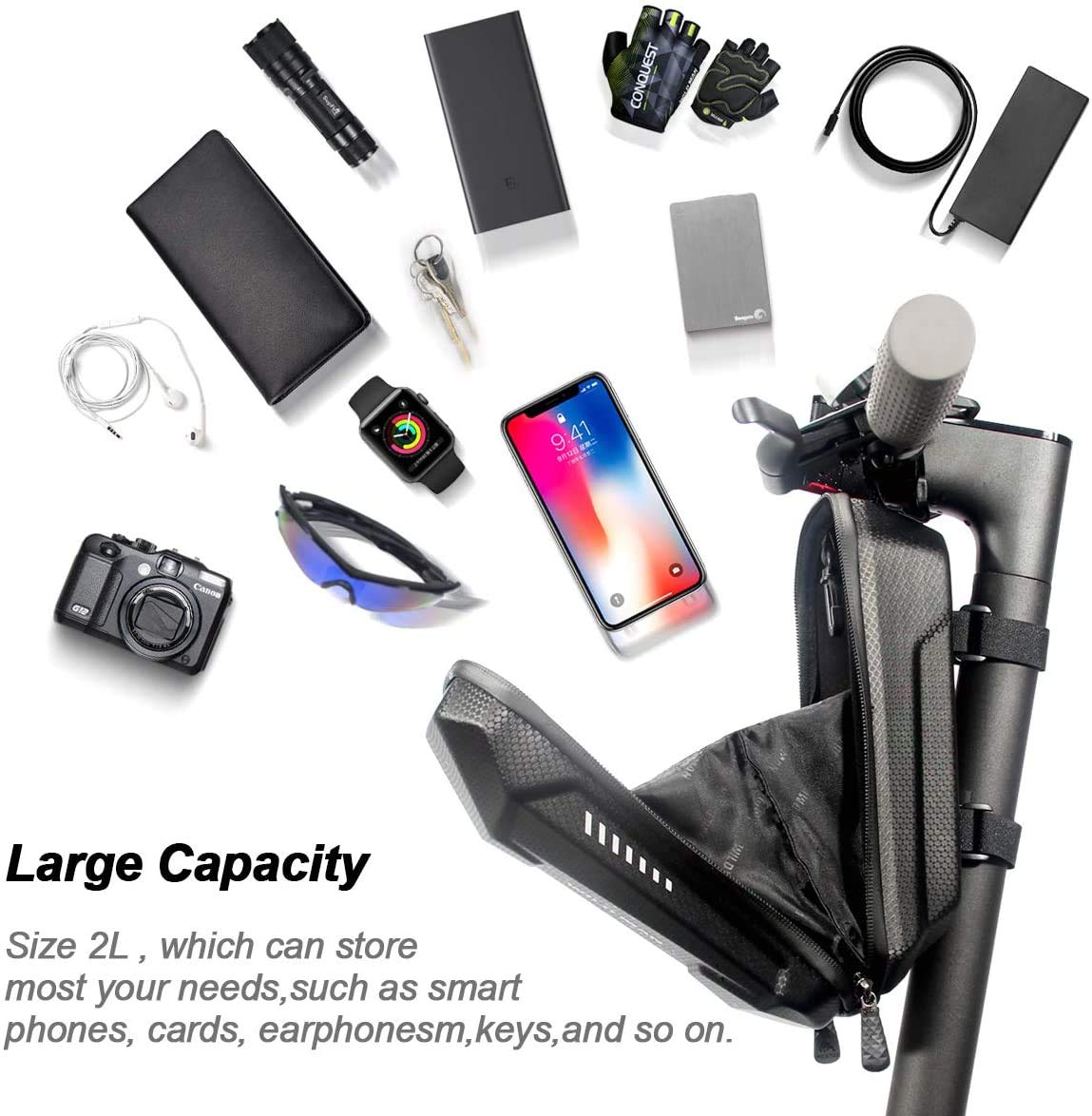 GLDYTIMES EVA Storage Bag Suitable for Electric Scooter Bicycle Trolley Front Suspension Bag Durable can Accommodate Charger Tool for Ninebot Xiaomi Scooter (New Black 3L)