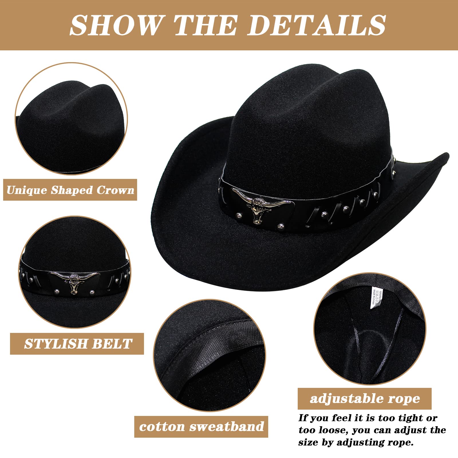 Kalerona Black Cowboy Hats for Women & Men Cowgirl Hats with Belt