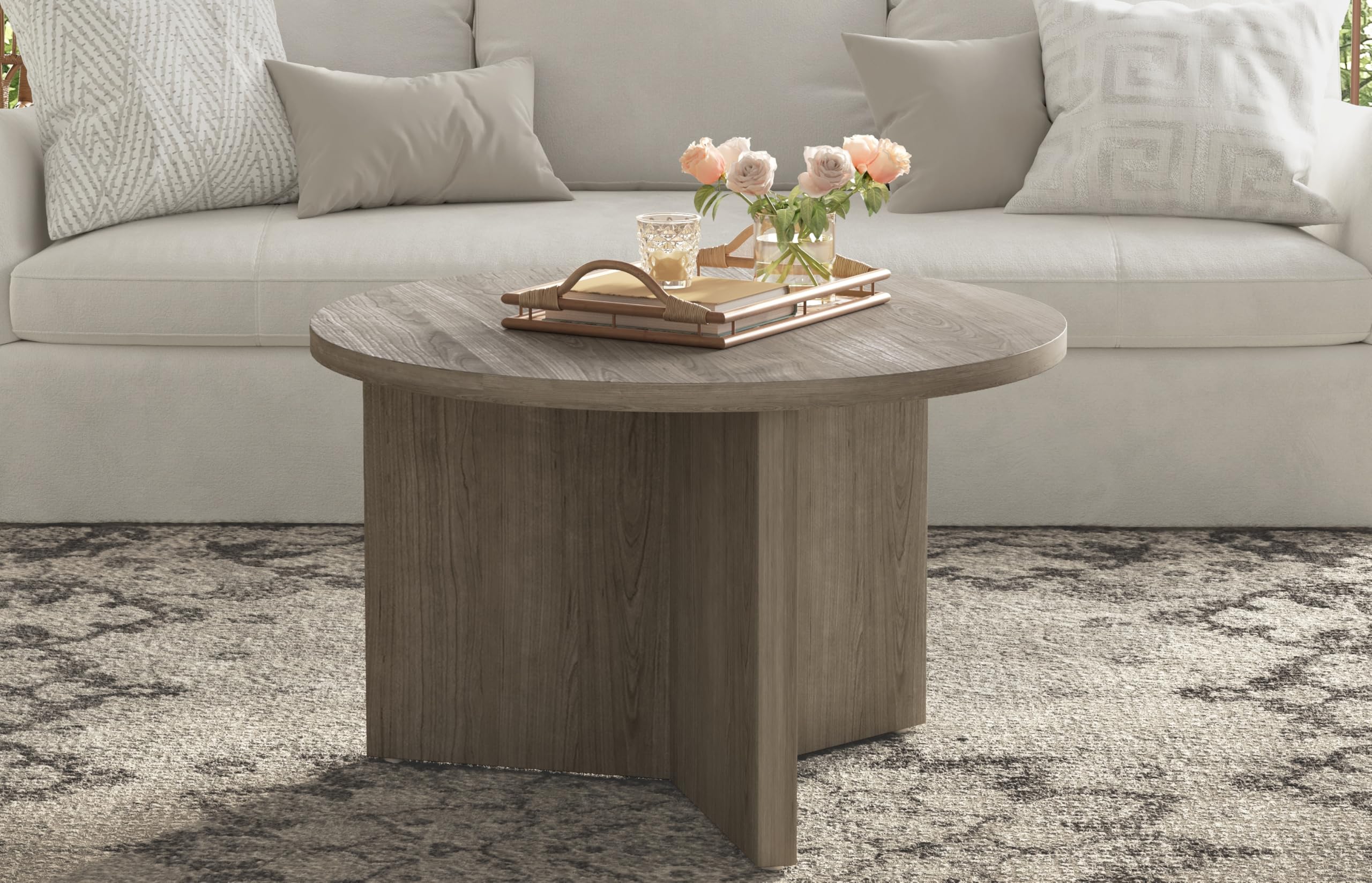 Luoxiao Coffee Table for Small Space, Minimalist Modern Table for Living Room, Durable & Sturdy Small Round End Table with Adjustable Feet Pads, Wood