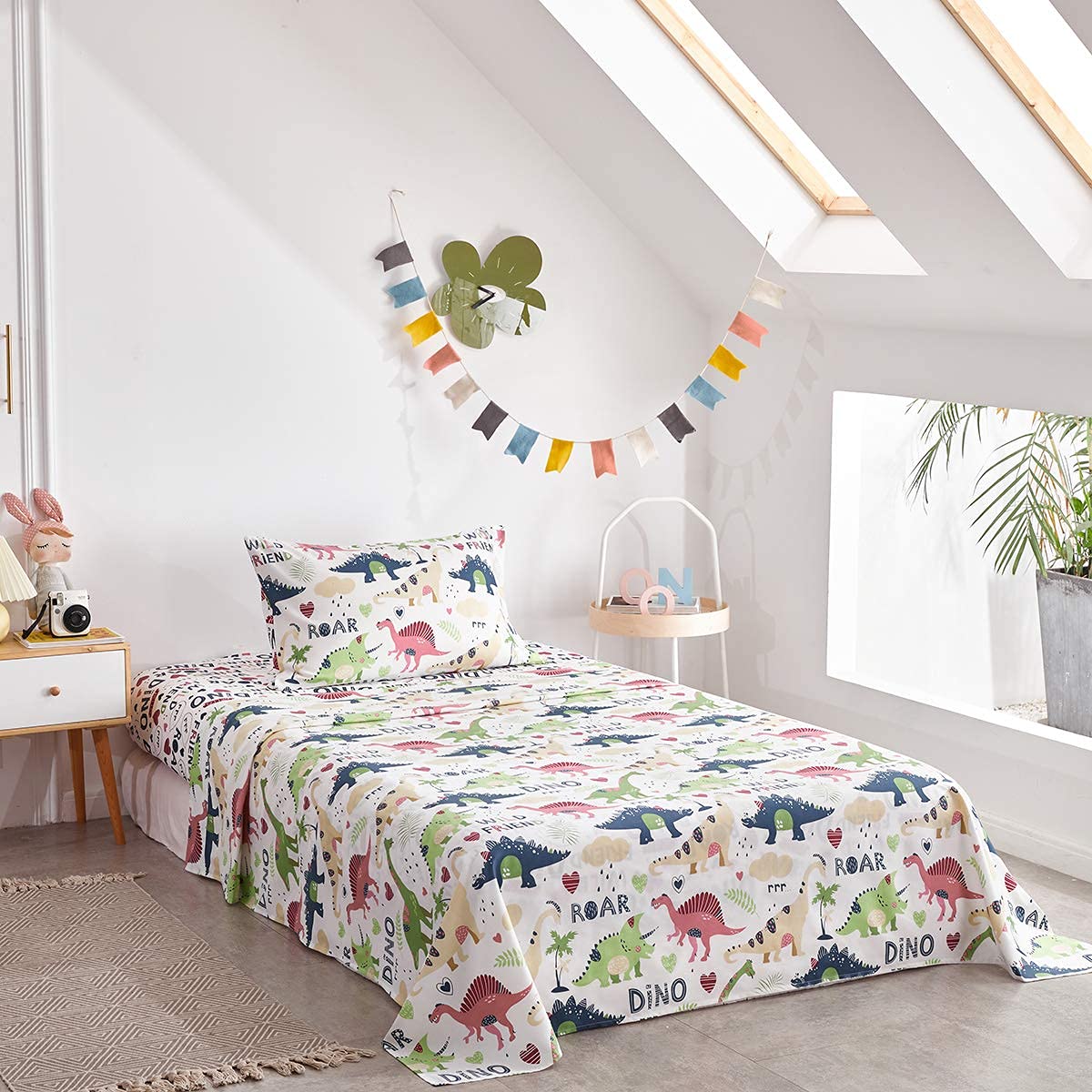 Dinosaur Full/Queen Sheet Set for Kids Boys Teens Cute 4 Pieces White Microfiber Bedding Set with Green Red Yellow Blue Dinosaur Colorful Monster Style