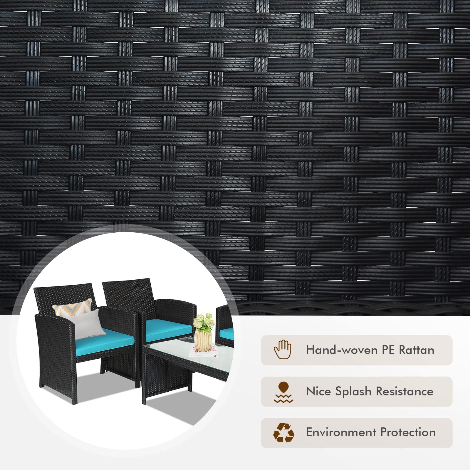 Goplus Rattan Patio Furniture Set 4 Pieces, Outdoor Wicker Conversation Sofa and Table Set with Soft Cushions & Tempered Glass Coffee Table for Balcony Garden Backyard (Turquoise)