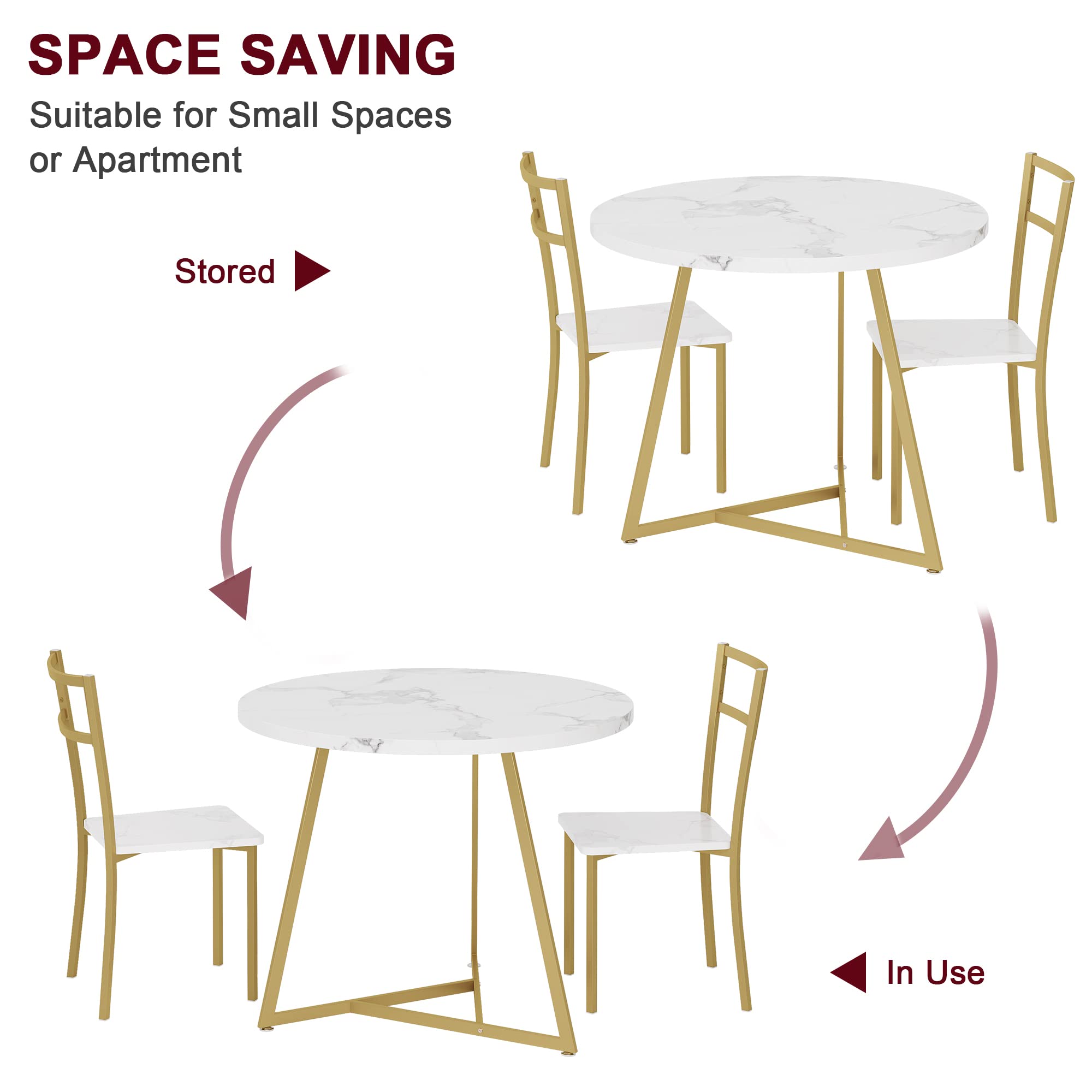Fancihabor Round Dining Table Set for 2, Kitchen Table and Chairs for 2, Dining Room Table Set, 3 Piece Dining Table Set for Small Space, Apartment, Studio, Marble White Gold