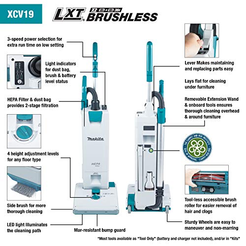 Makita XCV19PG 18V X2 (36V) LXT® Lithium-Ion Brushless Cordless 1.3 Gallon HEPA Filter 12" Upright Vacuum (6.0Ah)