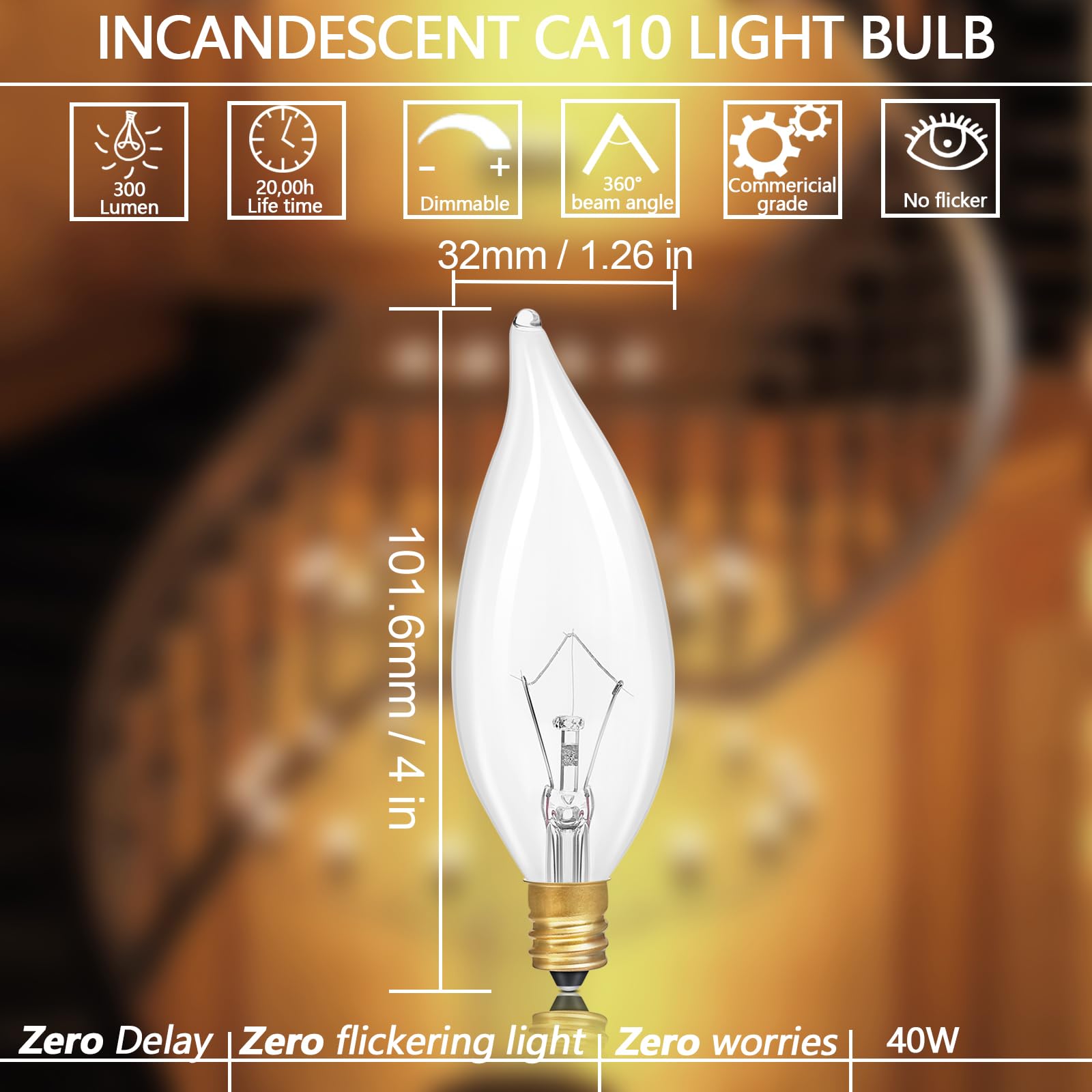 Potanro E12 Incandescent Light Bulbs 40Watt Warm White 2700K, 300 Lumens Candelabra Light Bulbs Decorative Dimmable Chandelier Light Bulbs for Ceiling Fan, Pendants (40W-12Pack)