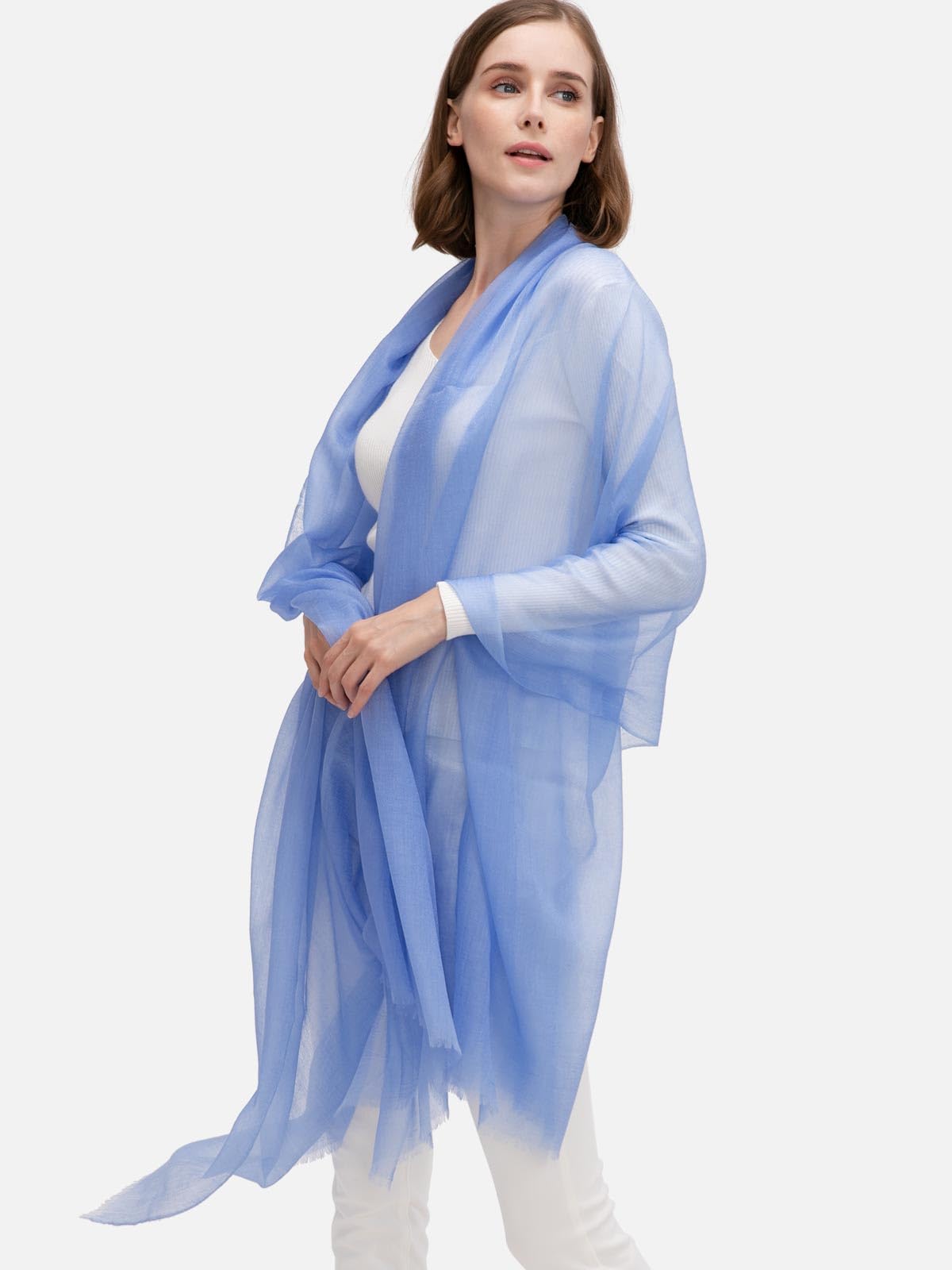 Ovcio Featherlight Cornflower Blue Cashmere Scarf - 100% Pure Cashmere Wrap Scarf for Women (87x39) with Gift Box