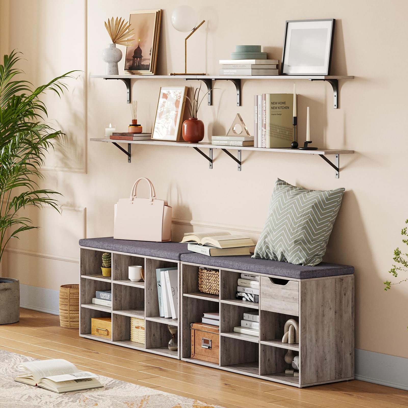 DINZI LVJ Shoe Bench, 9 Cubbies Shoe Organizer for Entryway, Storage Bench with Cushion, Cubby Shoe Rack with Adjustable Shelves for Living Room, Bedroom, Mudroom, Hallway, Greige